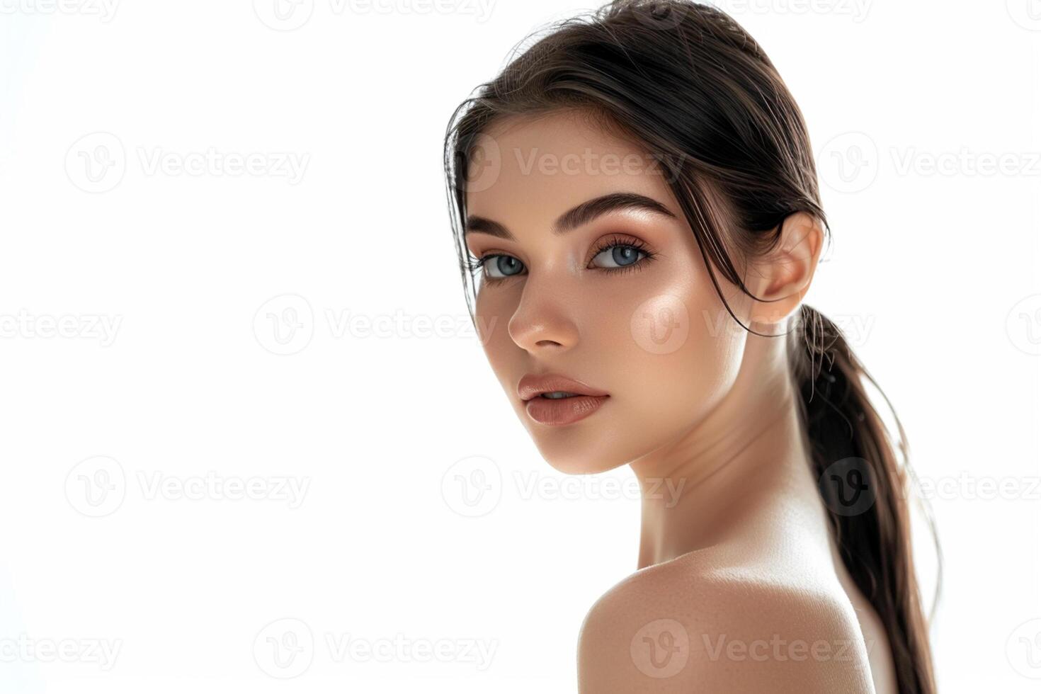 Young Womans Portrait Perfect Smooth Skin Dark Hair White Background