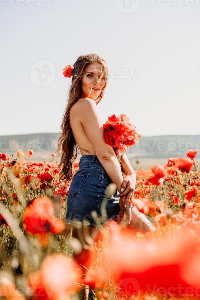 Woman Poppies Field Portrait Happy Woman With Long Hair In A Poppy Field And Enjoying The