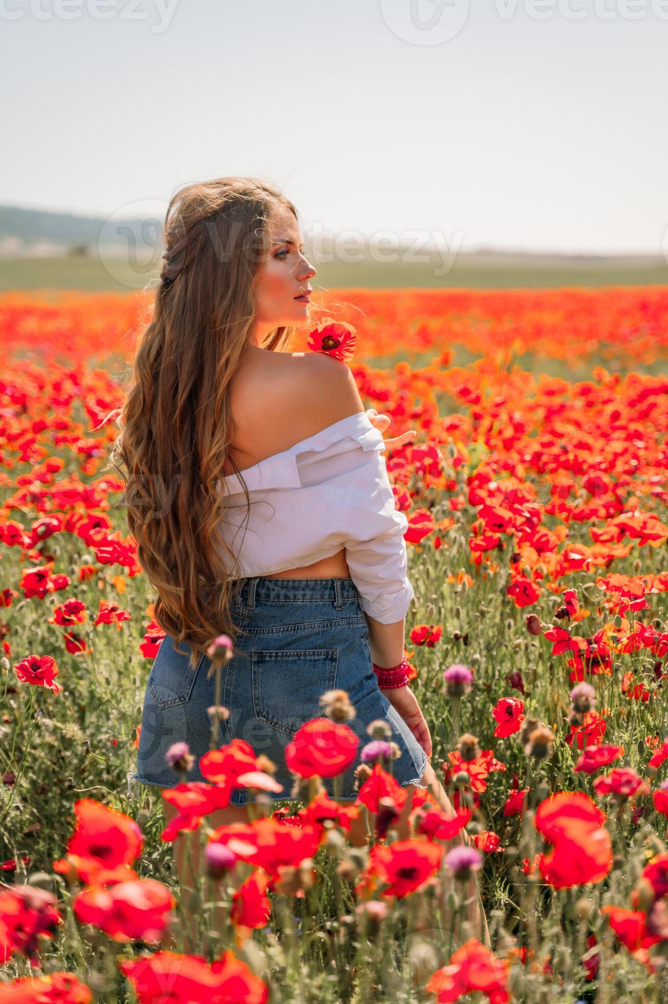 Woman Poppies Field Side View Of A Happy Woman With Long Hair In A Poppy Field And Enjoying The