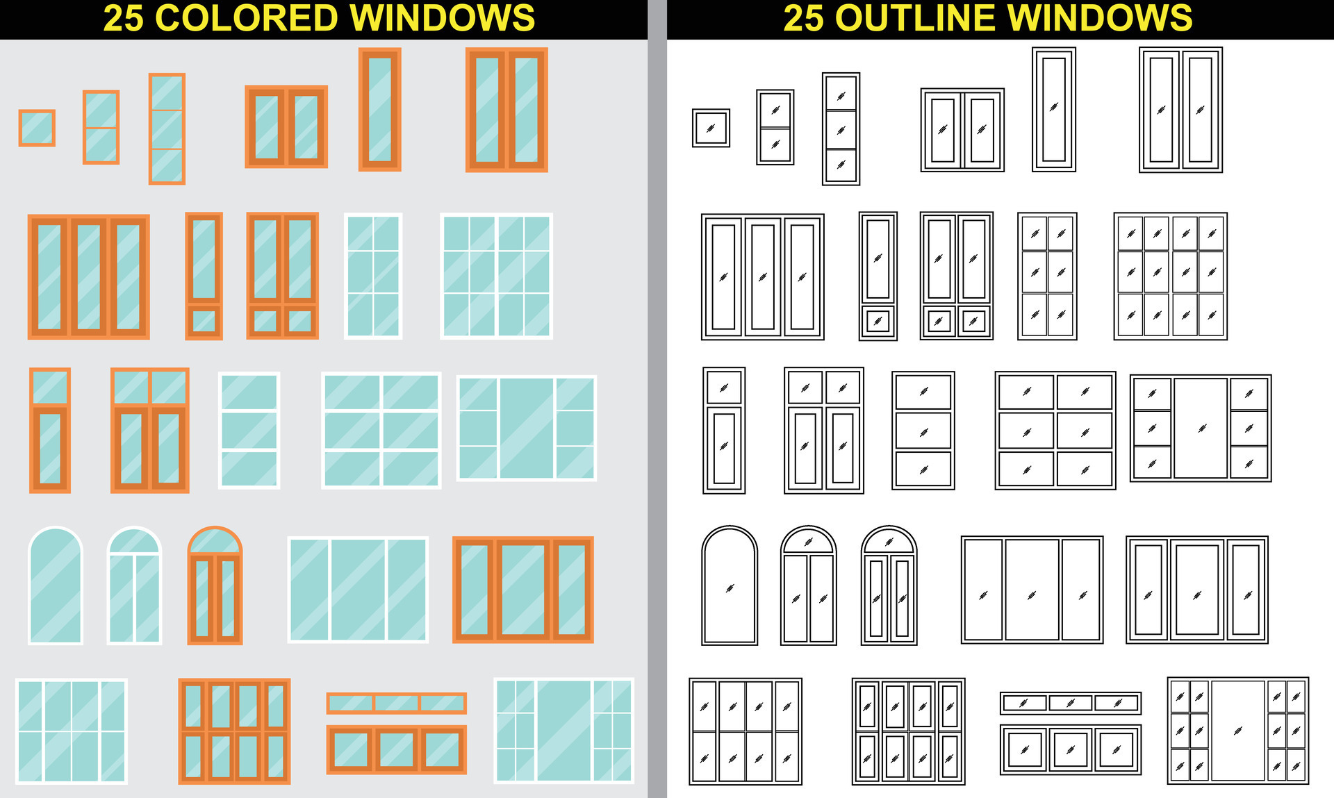 Colored and uncolored window set icons. 25 colored windows and 25 ...