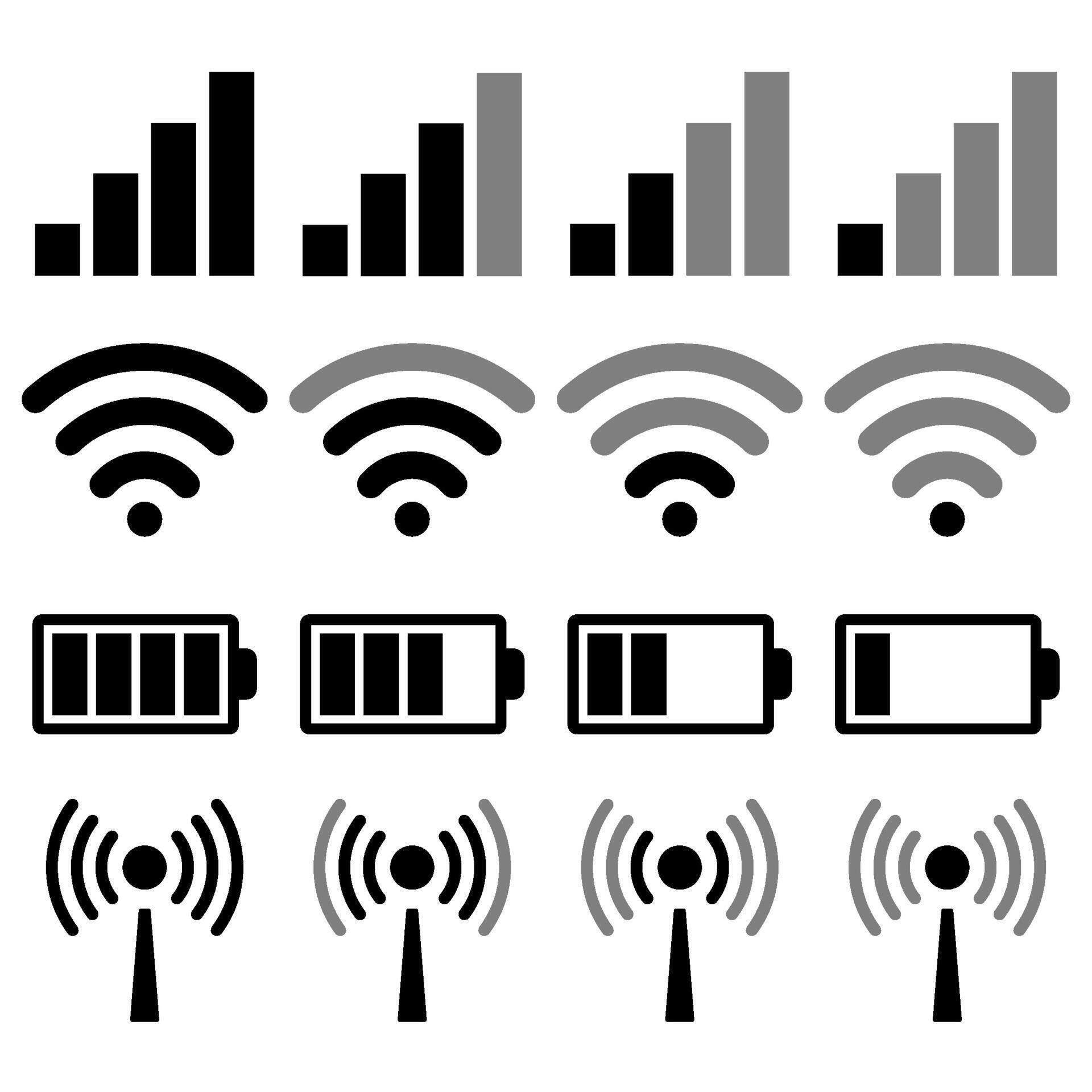 mobile phone system icons set, wifi signal strength, battery charge level, hotspot signal ...