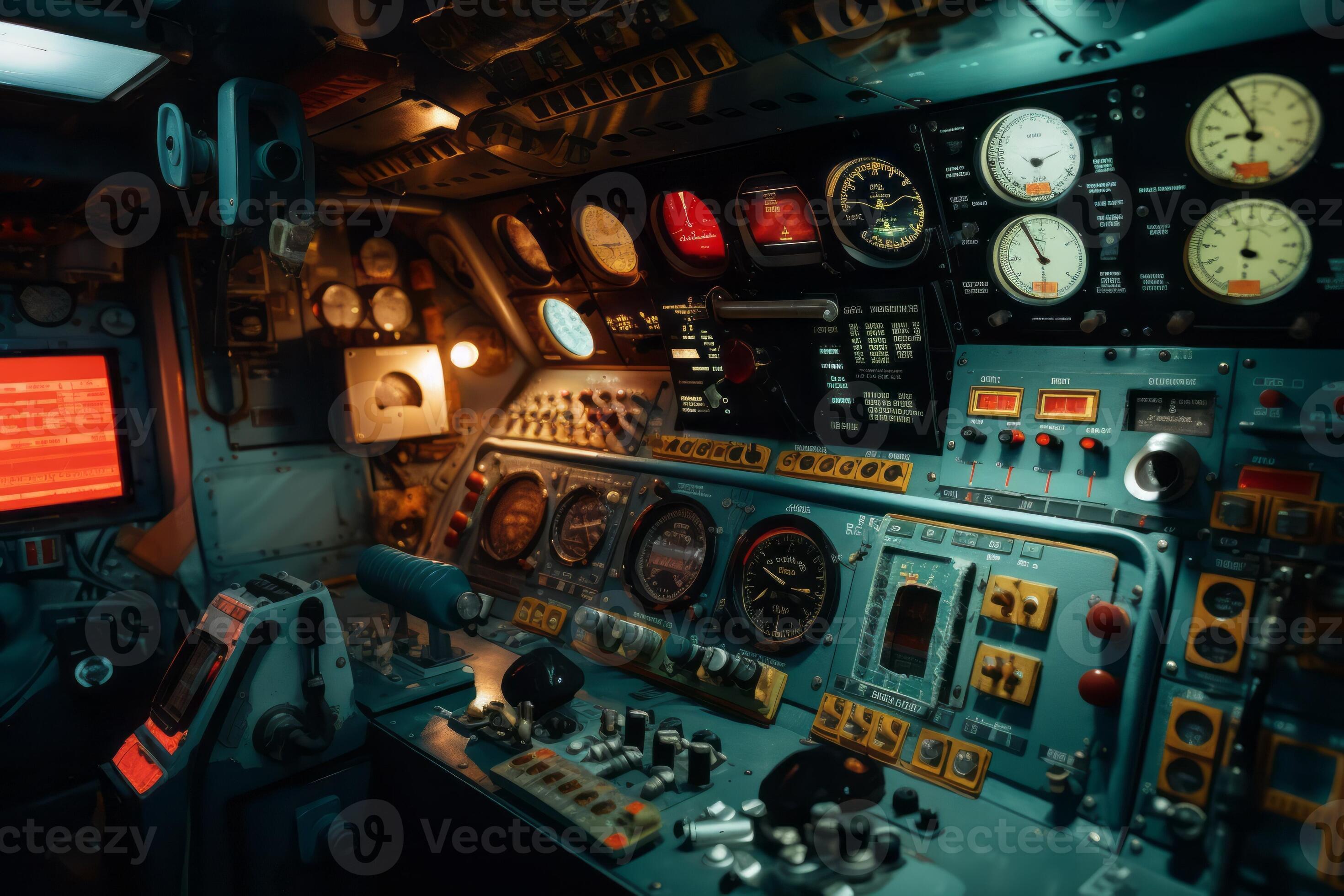 A close-up image of the control panel inside a submarine's command center, with illuminated ...