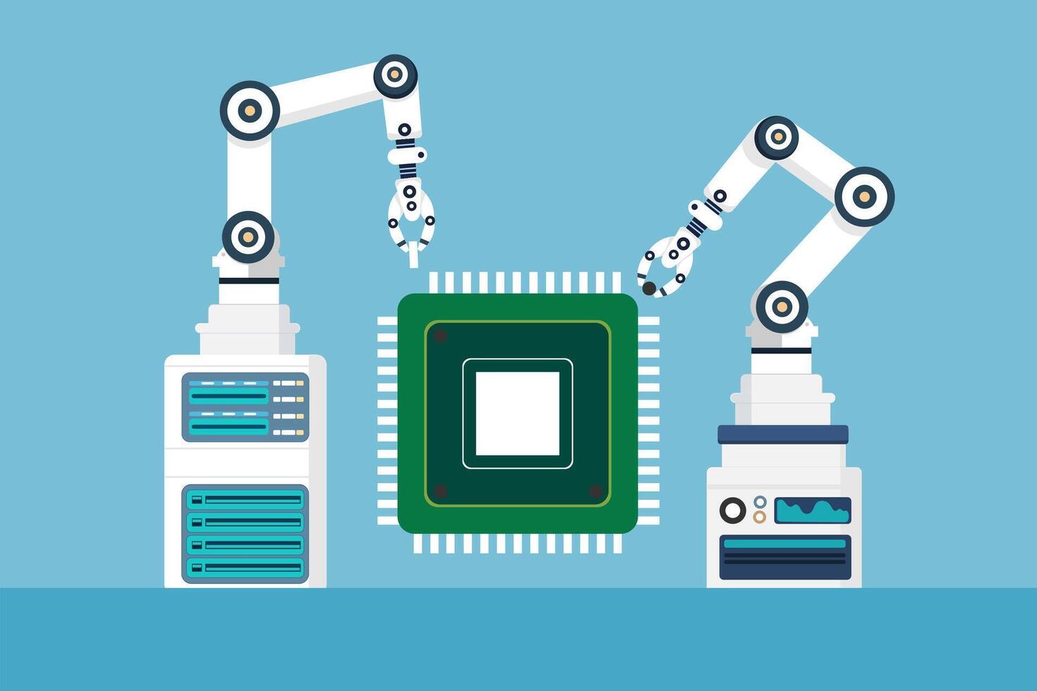 Automatic Robot Arm Produces Processormicrochipchipsetindustrial Ai
