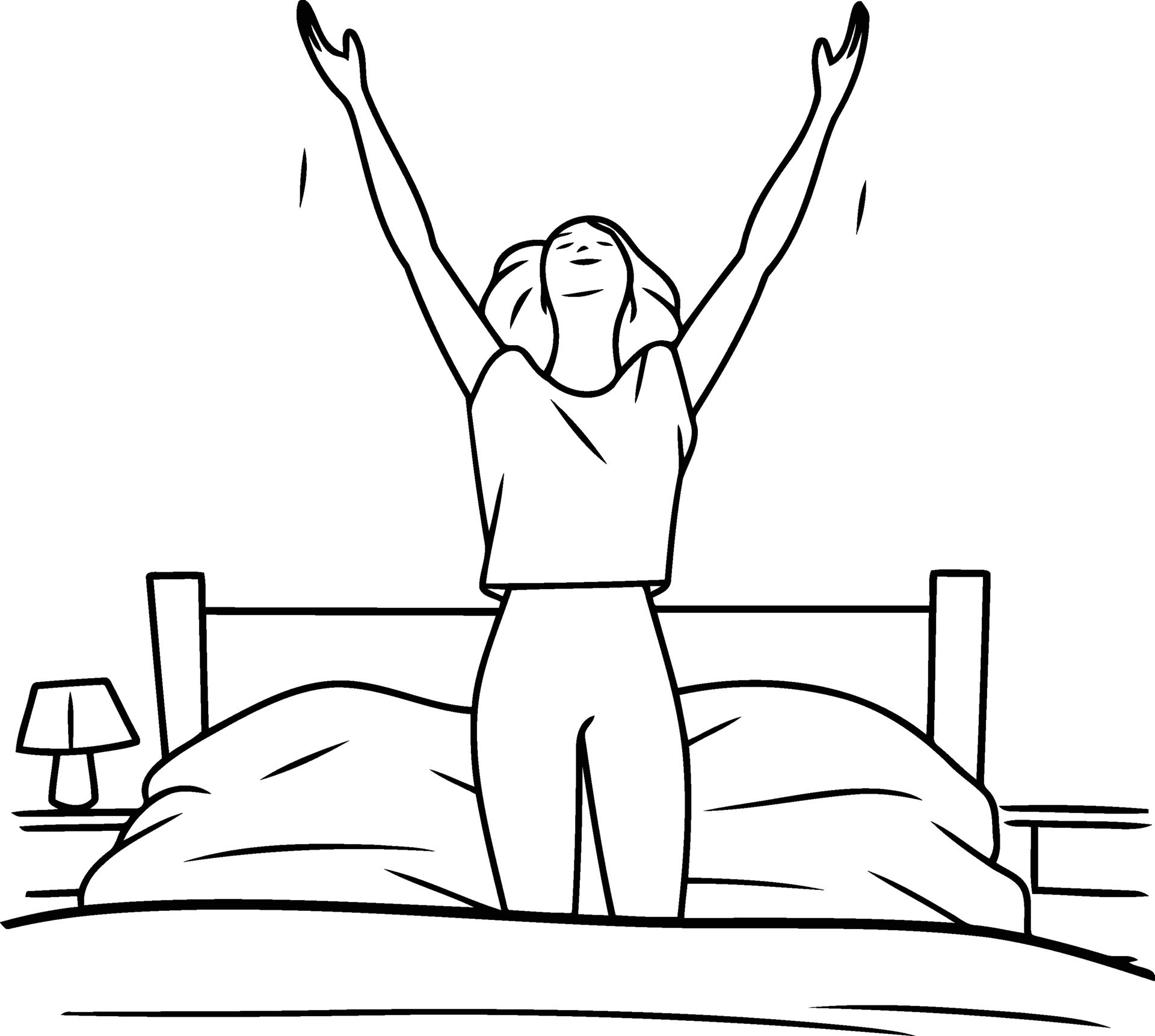 Happy Young Woman Waking Up In The Morning Hand Drawn Illustration