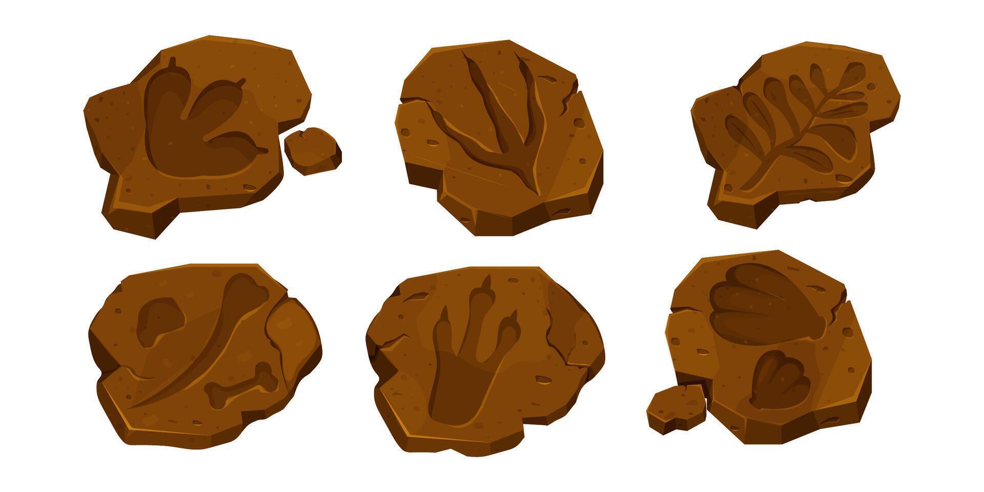 Set dinosaur fossil, paw print, reptile foot trail isolated on white ...