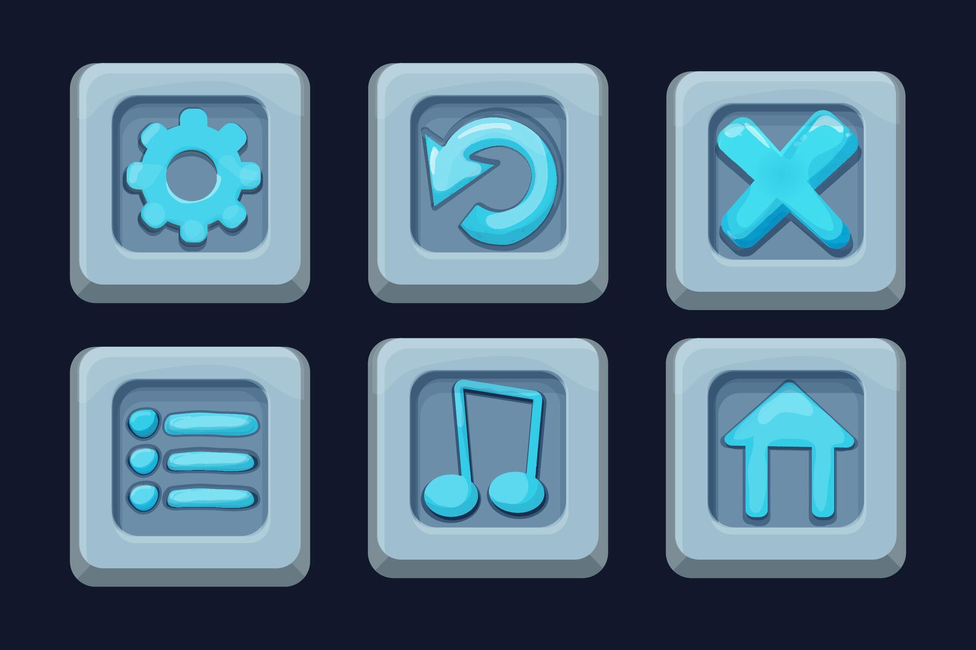 Set menu ui buttons on stone block in comic cartoon style, game design ...