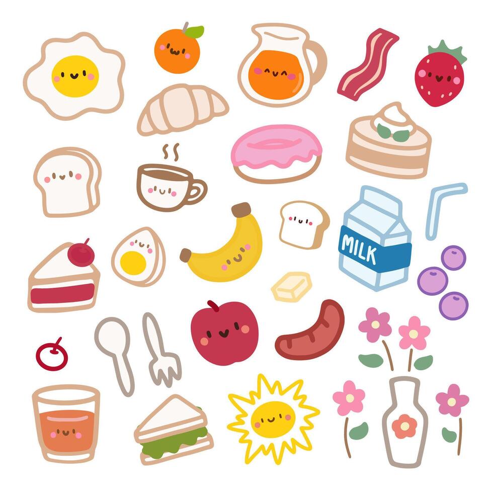 Cute Kawaii Food And Drink Items Collection Adorable Cartoon Style 45493565 Vector Art At Vecteezy