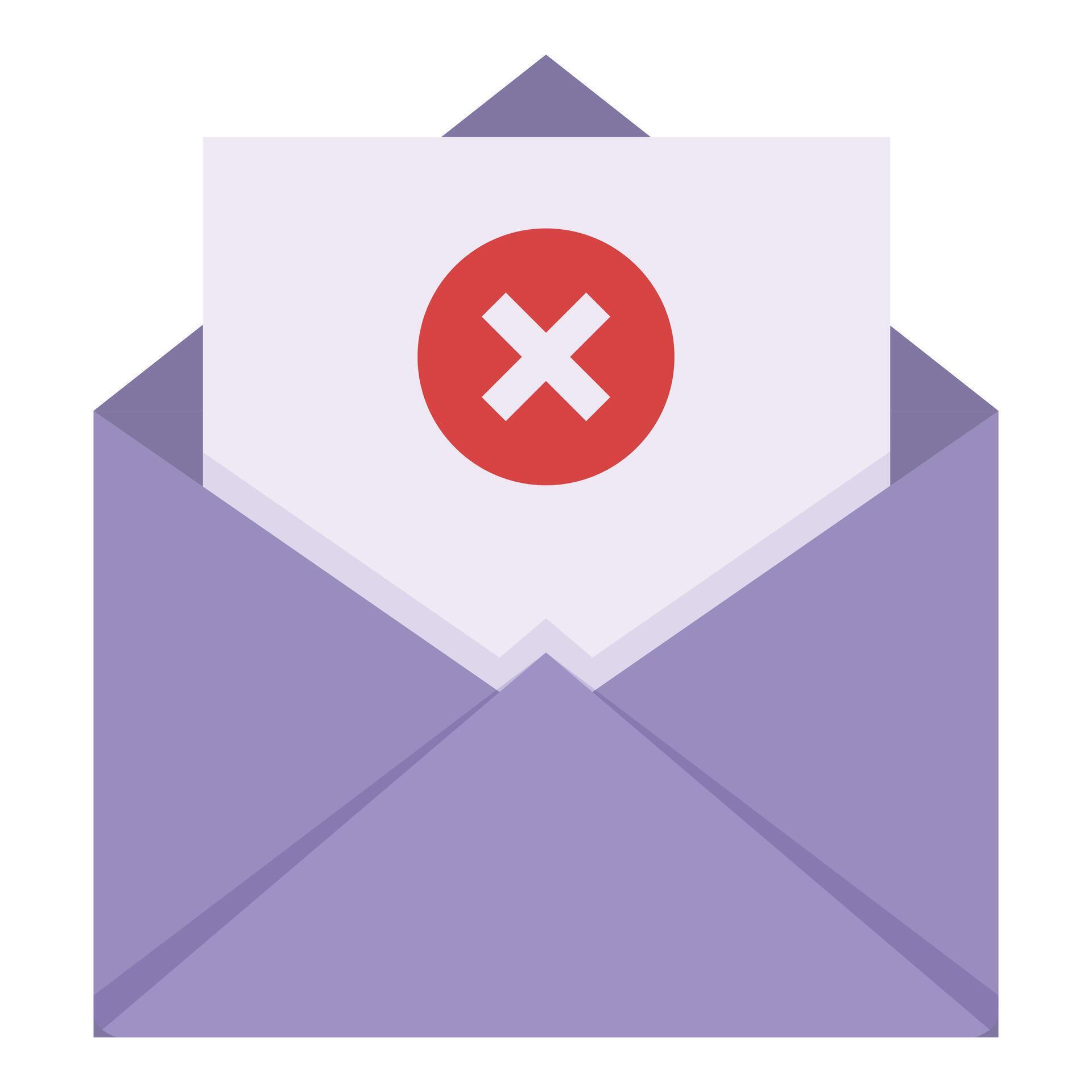 Illustration of an envelope with a red error cross symbol, indicating a failed message or ...