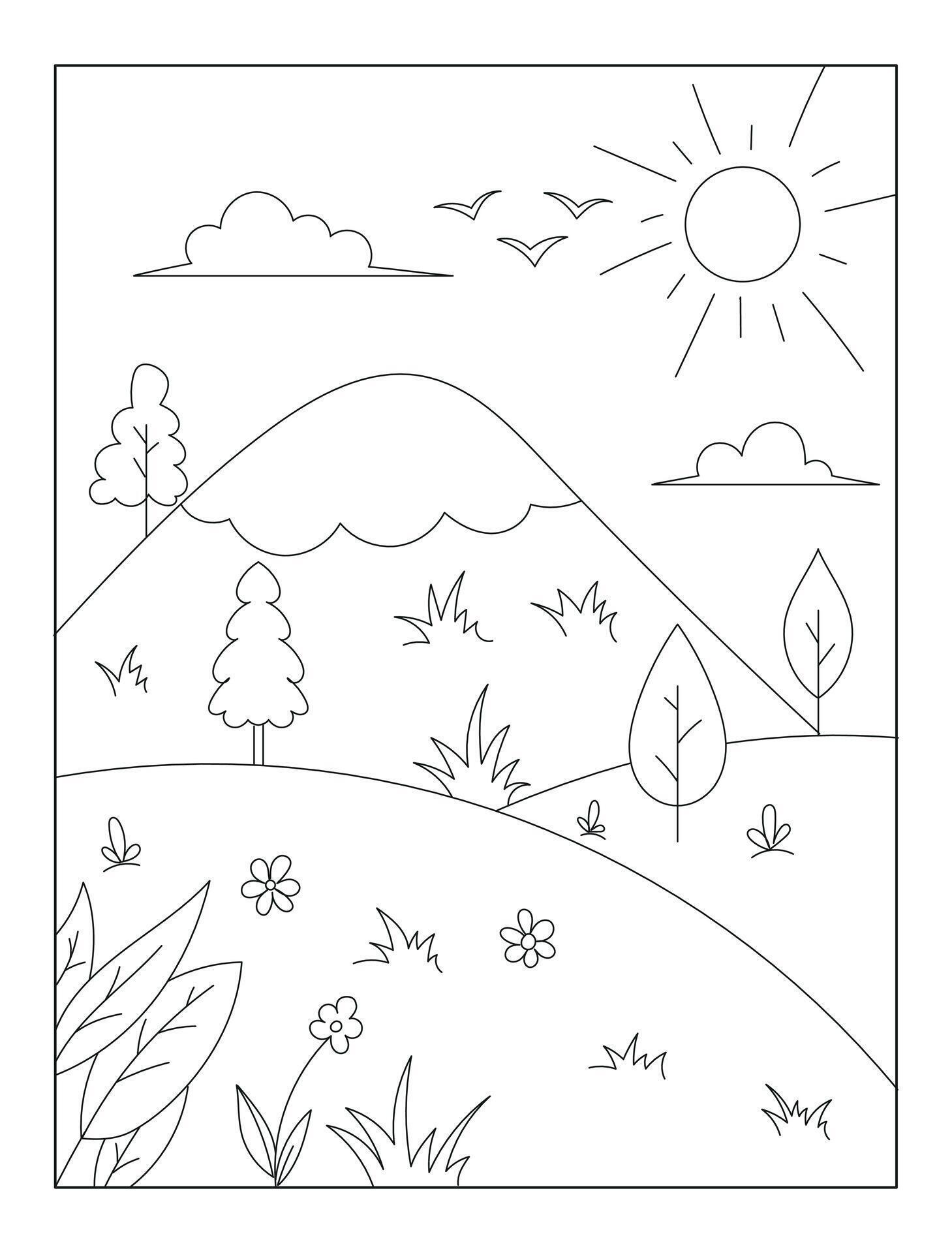 Summer coloring book for kids and adults, mountain with tree, outline ...