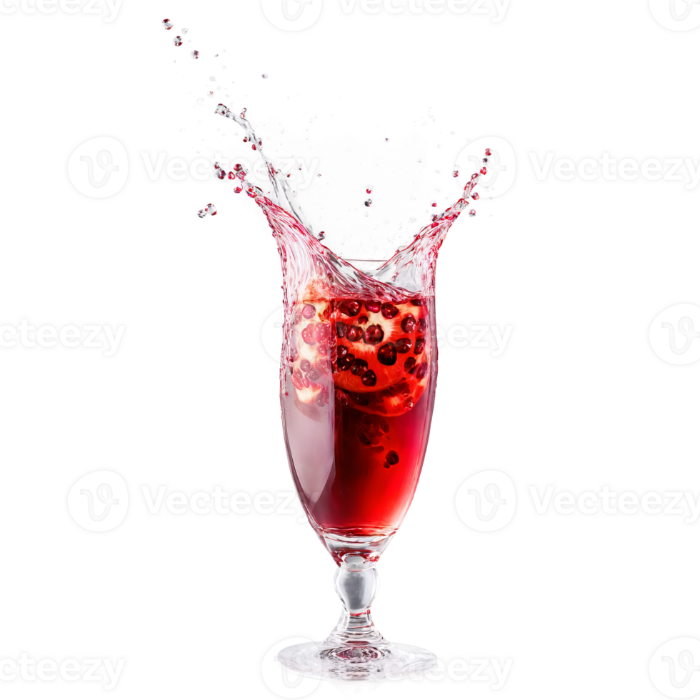 Pomegranate Juice With Seeds And Ice Cubes Whirling In A Glass With Liquid Splashing Out
