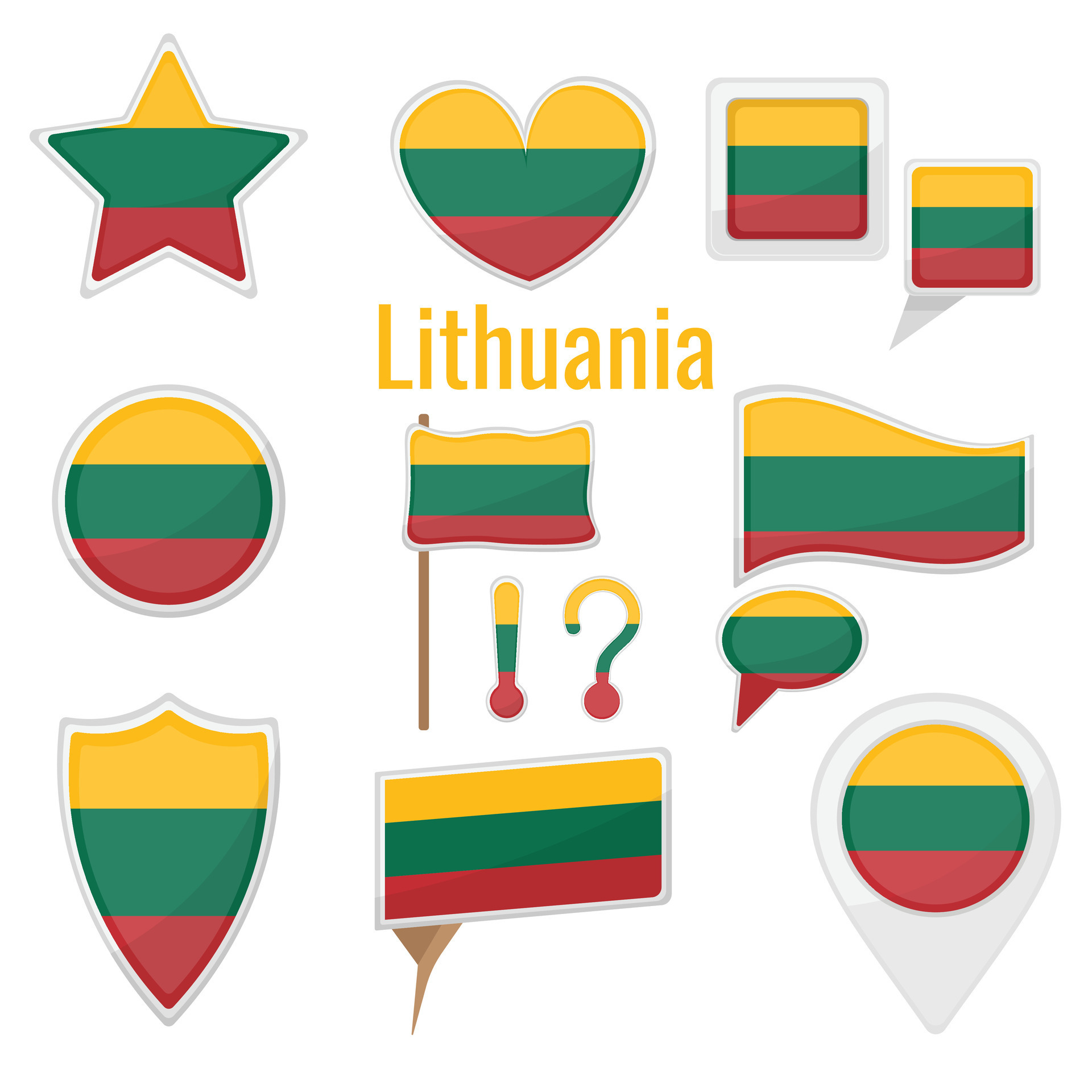 Various Lithuania flags set on pole, table flag, mark, star badge and different shapes badges ...