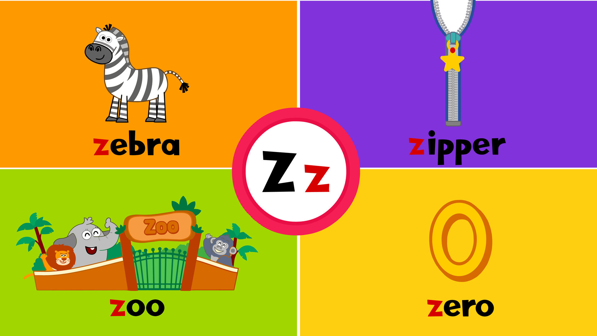 Letter Z z Flashcard for kids with 4 words zebra zoo zipper zero ...