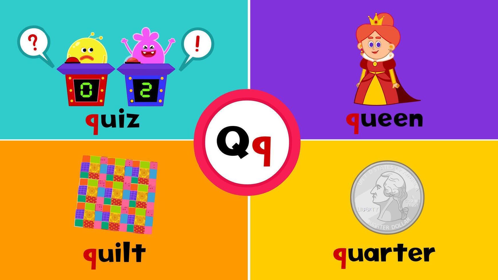 Letter Q q Flashcard for kids with 4 words queen quilt quiz quarter ...