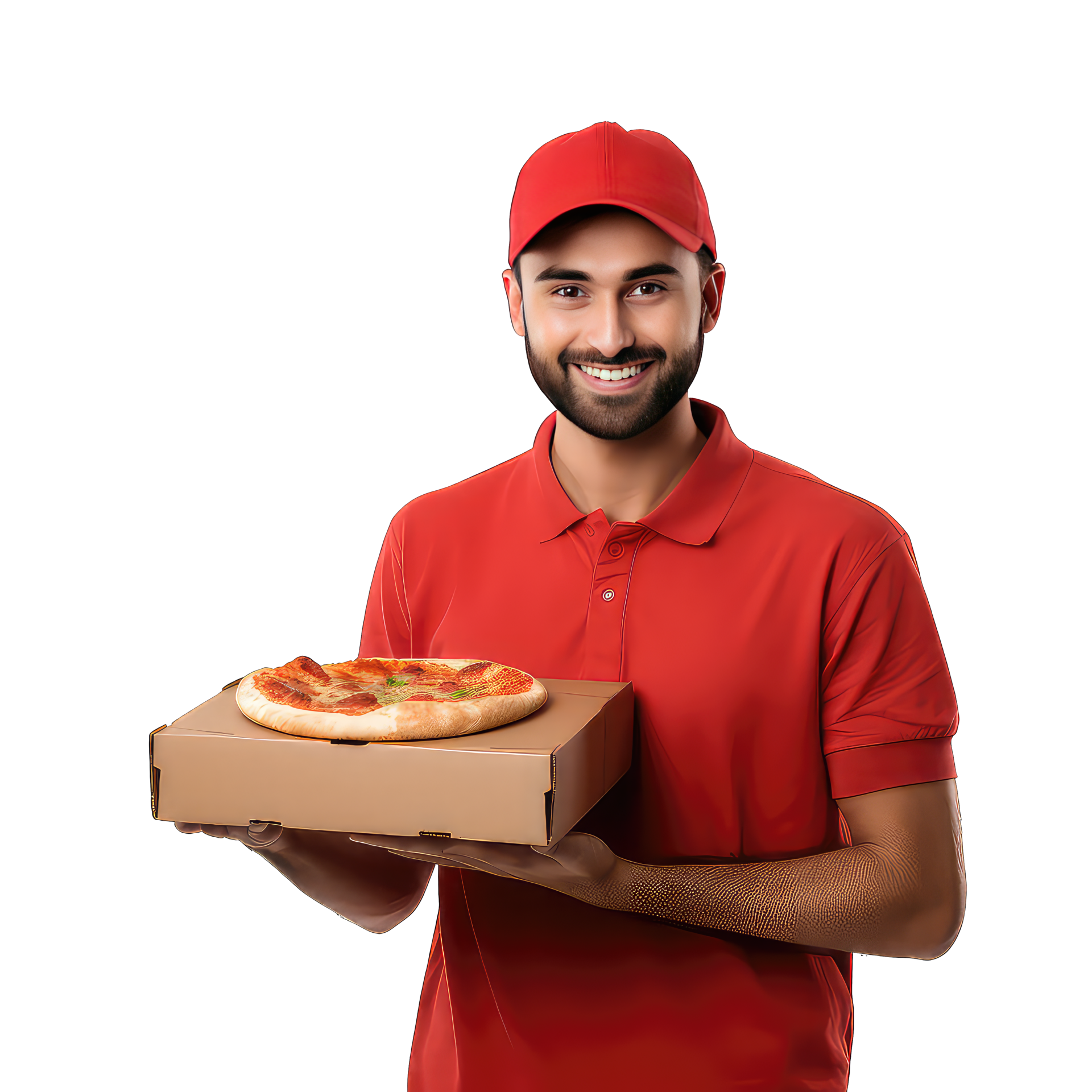 Delivery man in red uniform holding pizza box on transparent background ... Delivery man in red uniform holding pizza box on transparent background ...