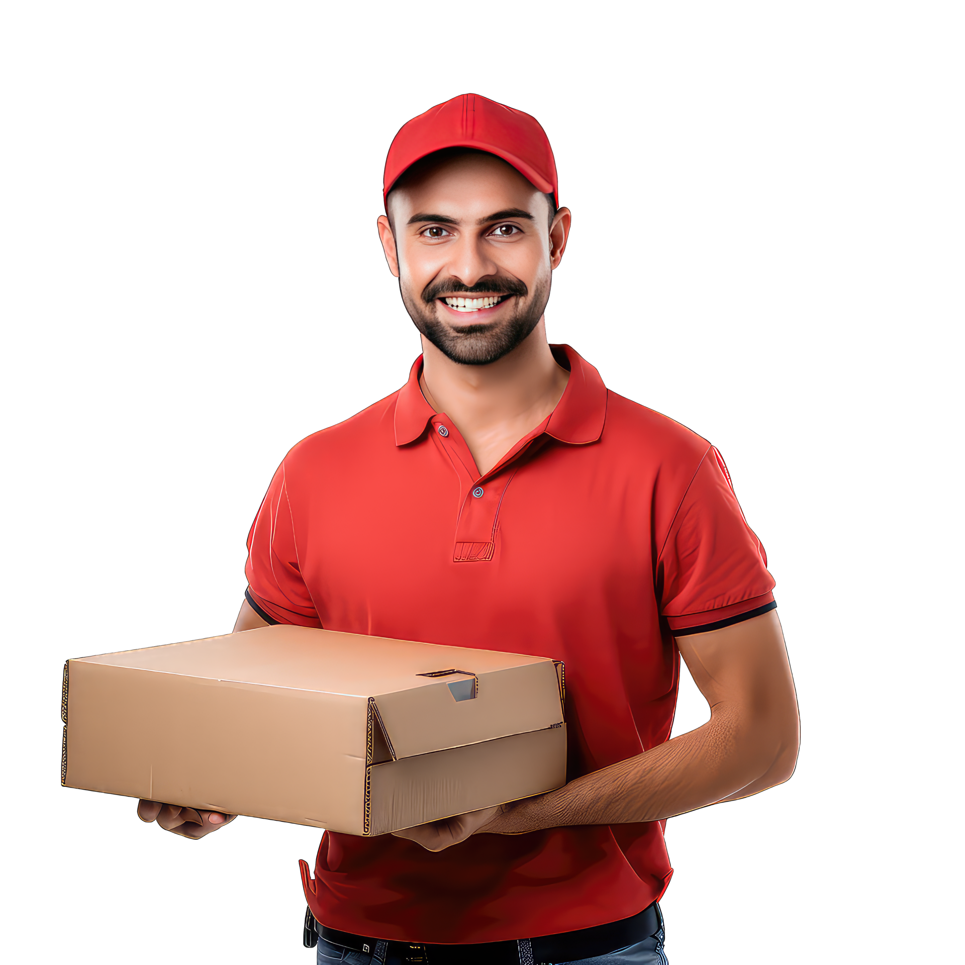 Delivery man in red uniform holding pizza box on transparent background ... Delivery man in red uniform holding pizza box on transparent background ...