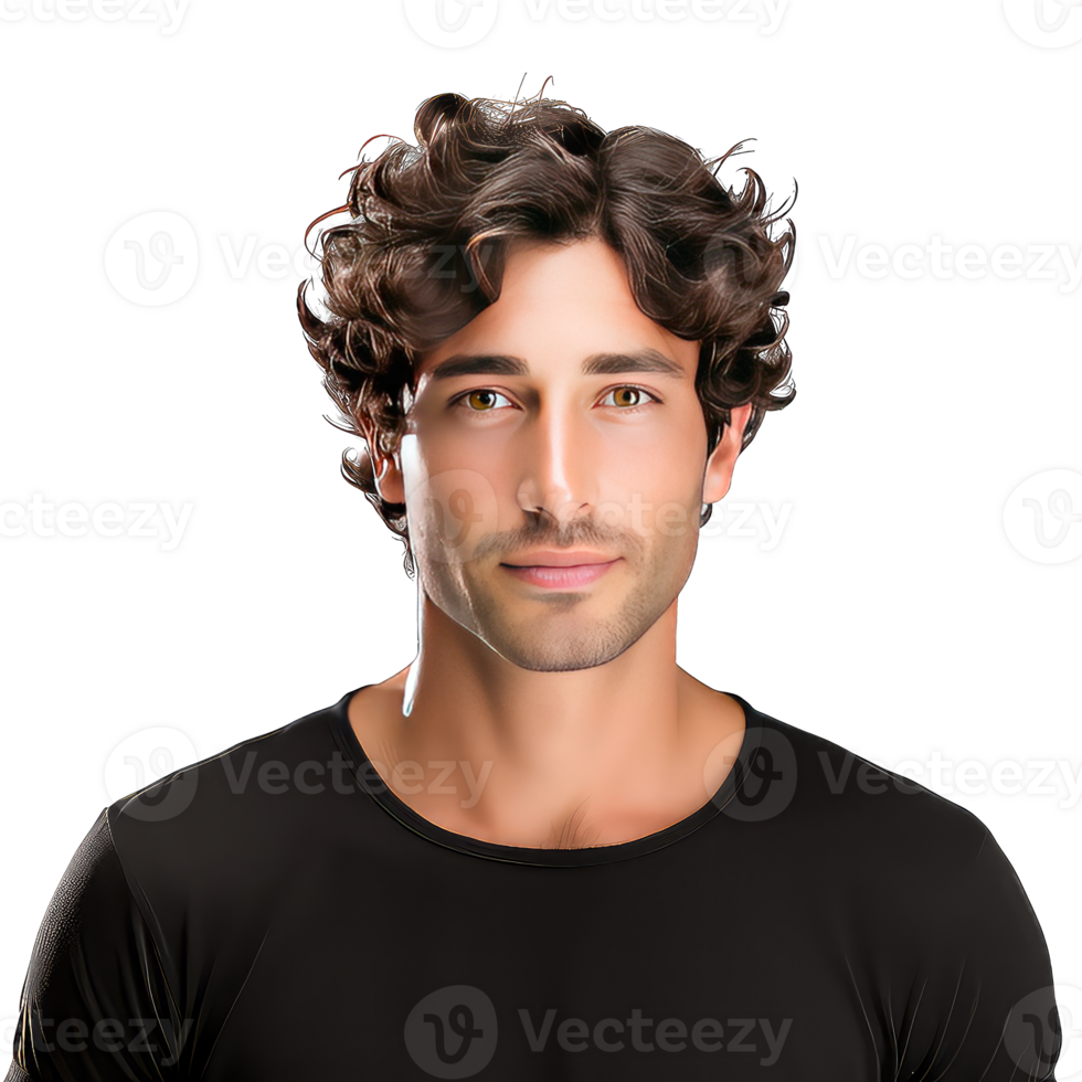 Portrait of handsome young man with curly hair on transparent ...