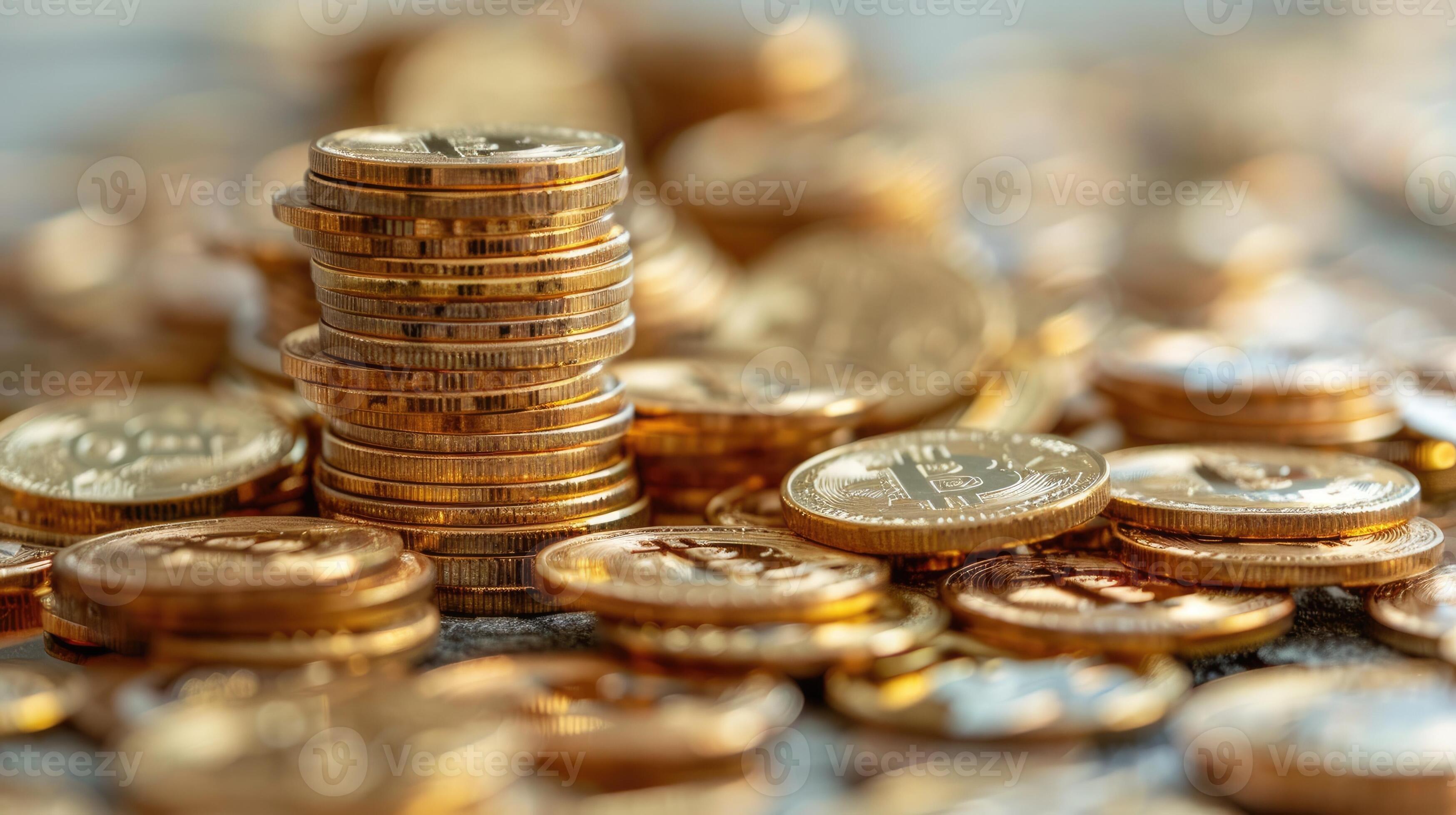 An array of golden Bitcoin coins arranged on a reflective surface ...