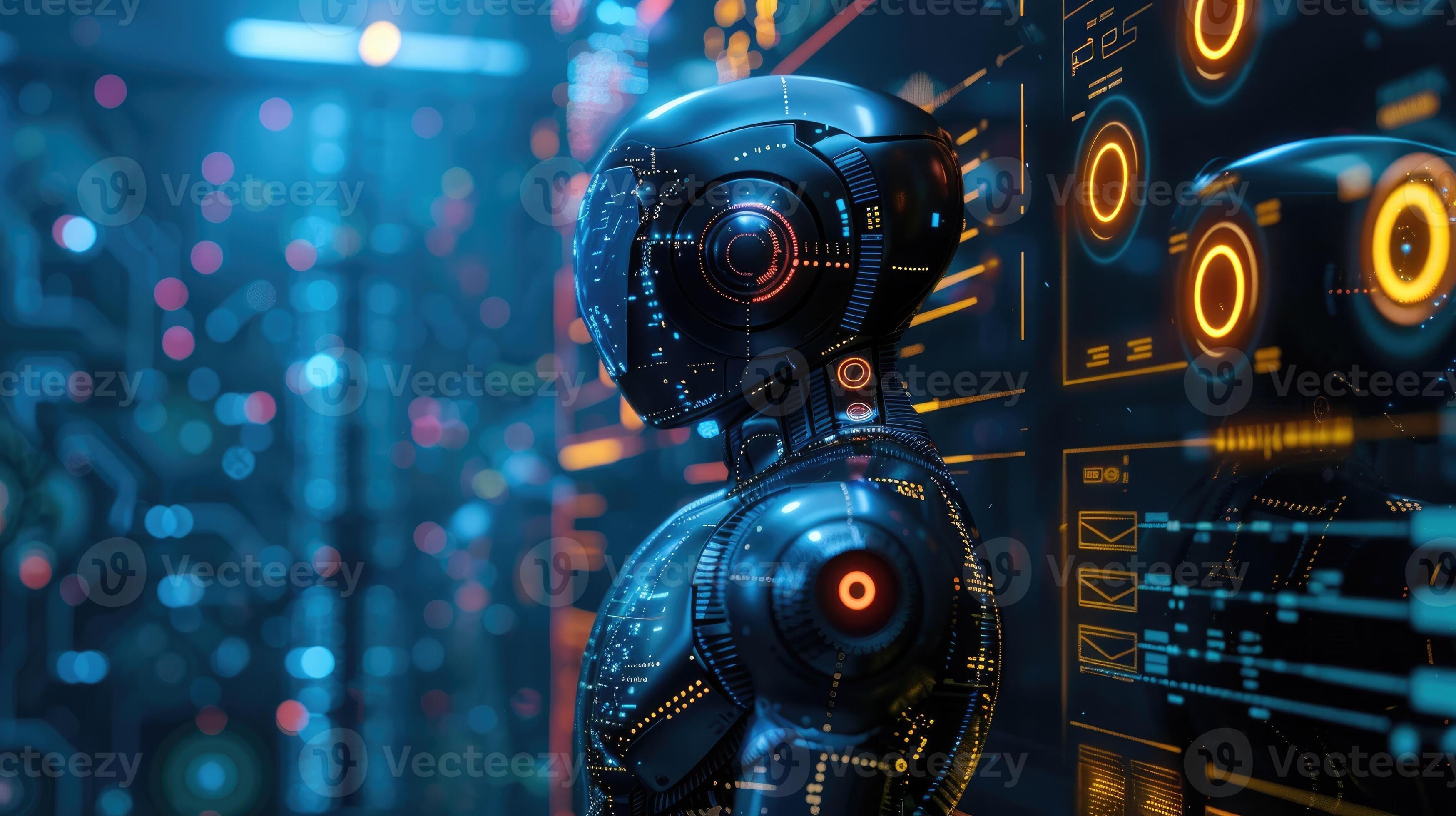 A humanoid robot accesses a complex data array, analyzing information on glowing screens in a ...