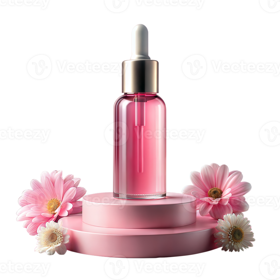 A Bottle Of Pink Perfume Is Displayed On A Table With Flowers 45617915 Png