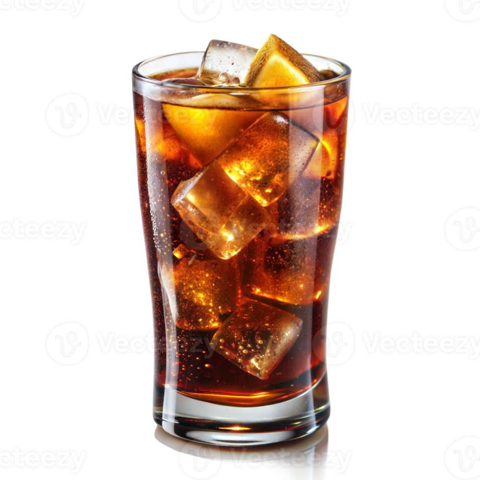 A tall glass filled with cola, ice cubes, and lemon slices, set against a transparent backdrop ...