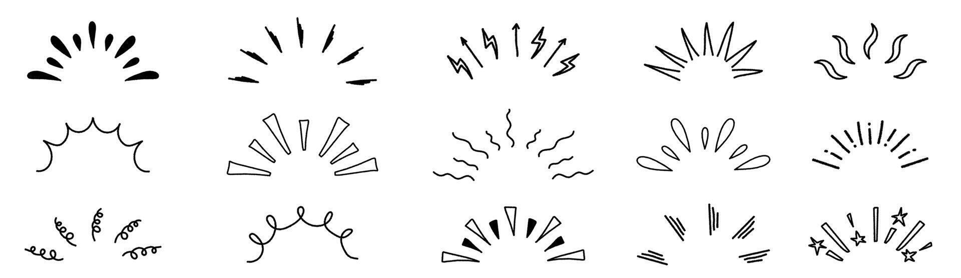 Set of hand drawn shine sunburst sparkle ray elements. Round corner shine. Sunburst sparkle ...