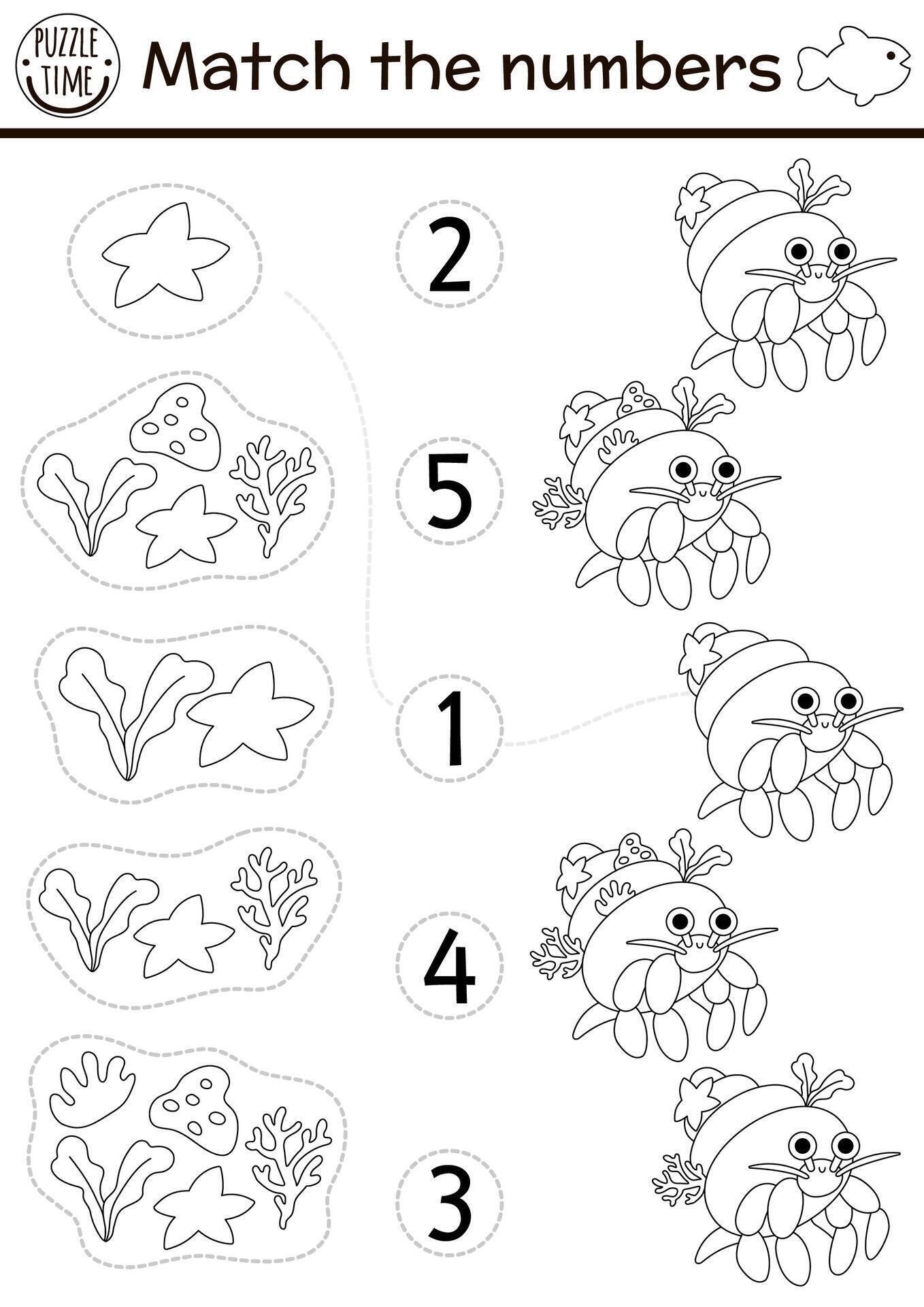 Match the numbers under the sea black and white game with hermit crab ...
