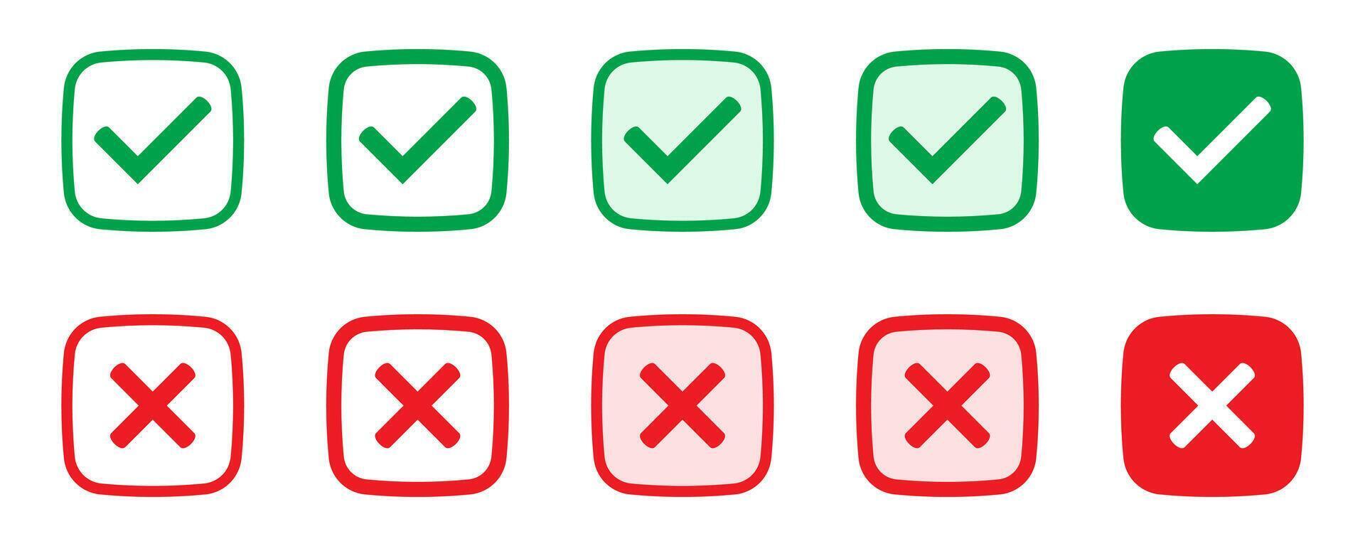 Right or wrong icons. Green tick and red cross checkmarks. Yes or no symbol, approved or ...