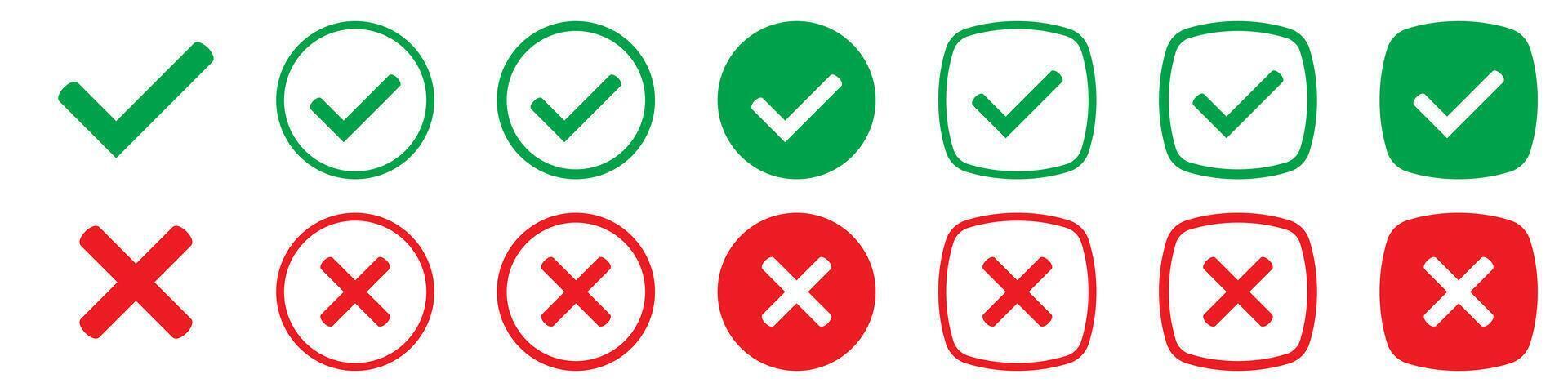 Right or wrong icons. Green tick and red cross checkmarks. Yes or no symbol, approved or ...