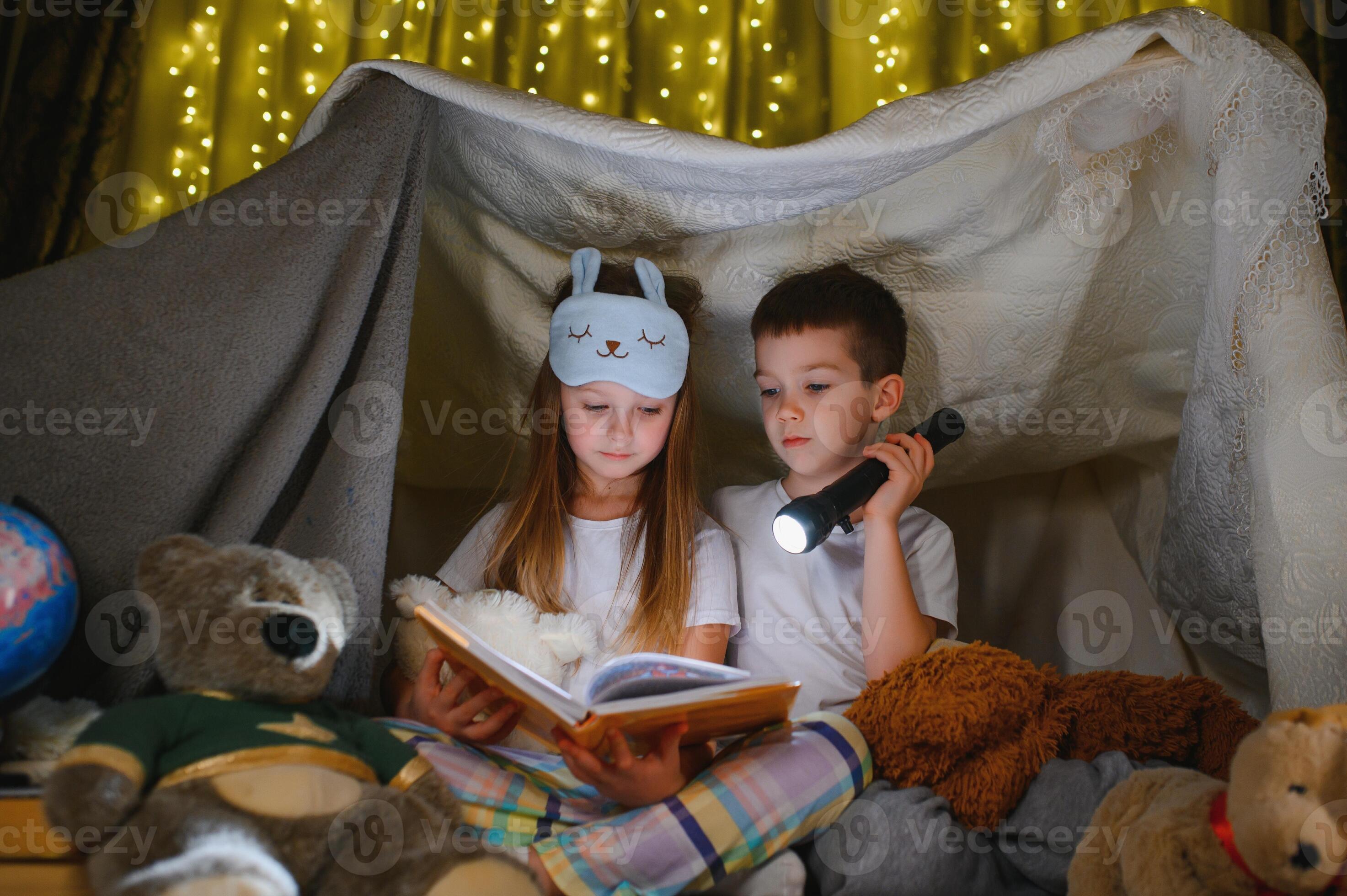 Siblings Sit In A Hut Of Chairs And Blankets Brother And Sister