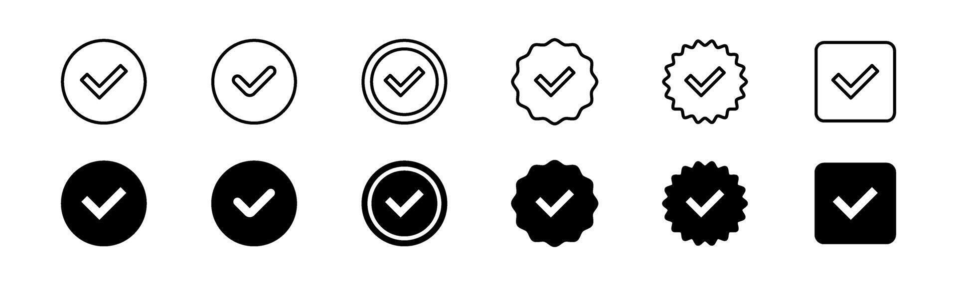 Checkmark in circle icon set. Checkmark tick icon set. Line and glyph ...