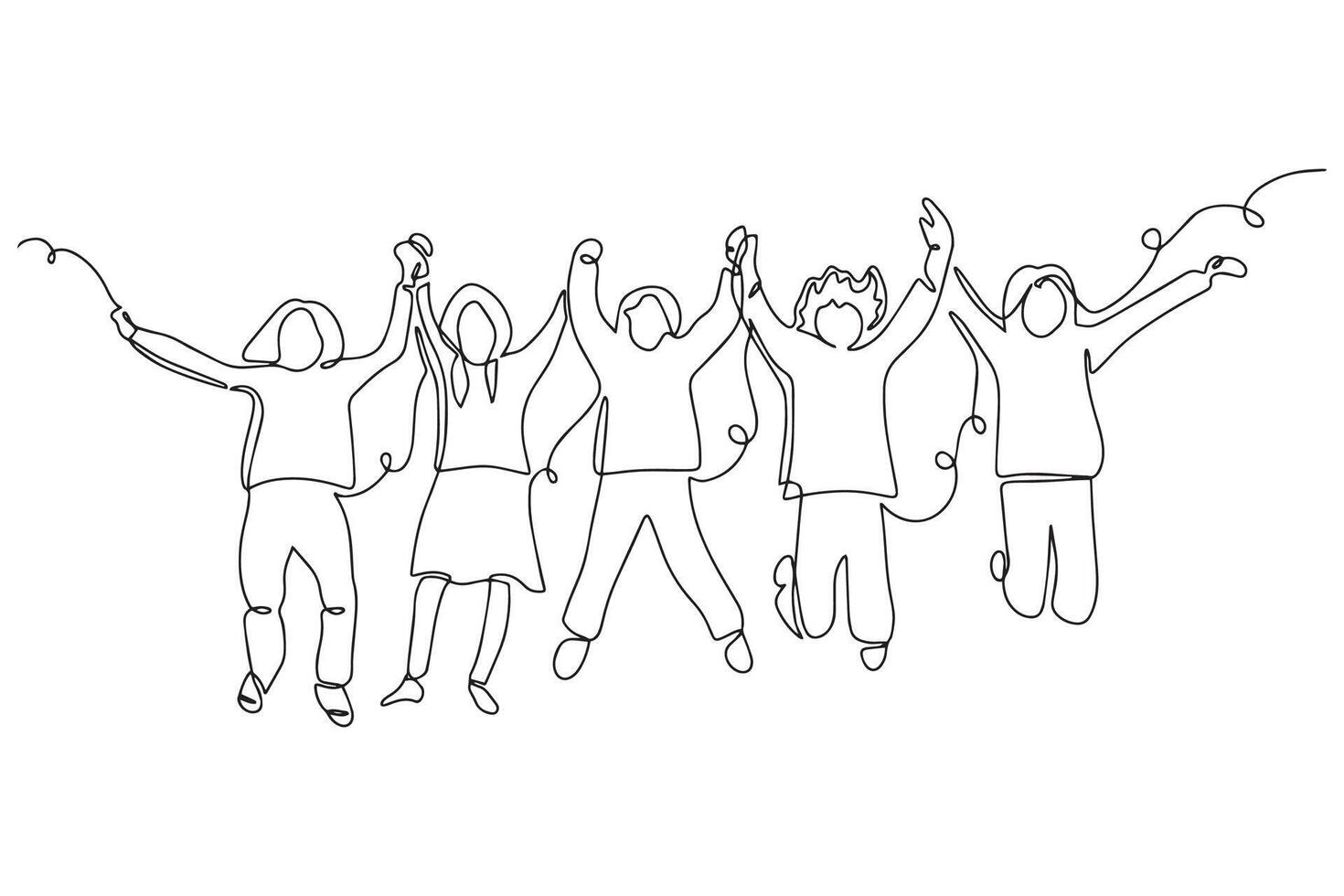 Continuous one line drawing of happy joyful jumping children holding ...