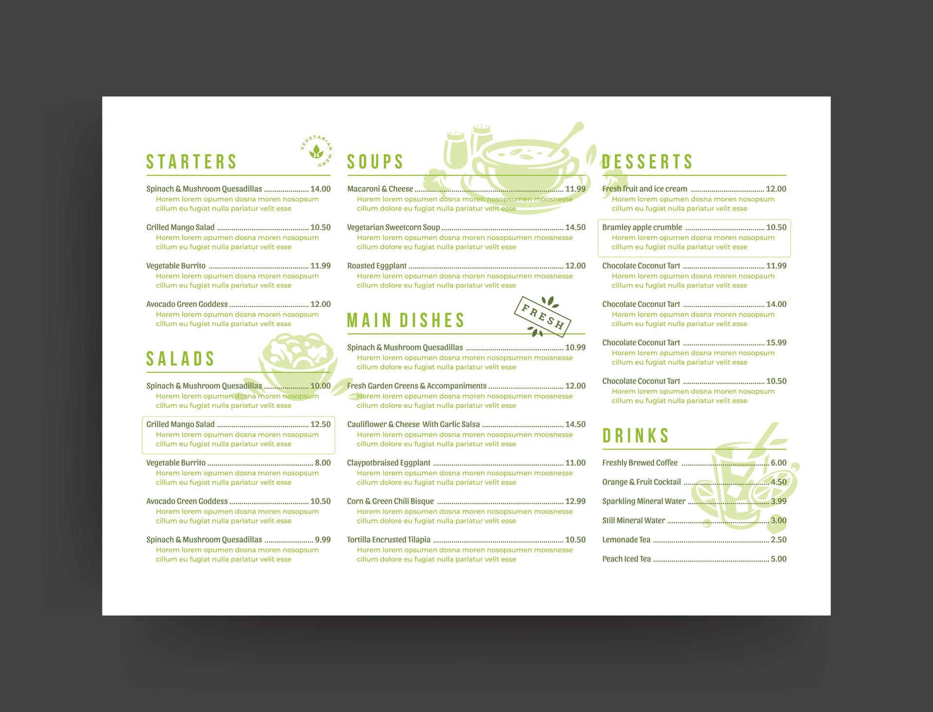 Vegetarian restaurant menu layout design brochure or food flyer ...