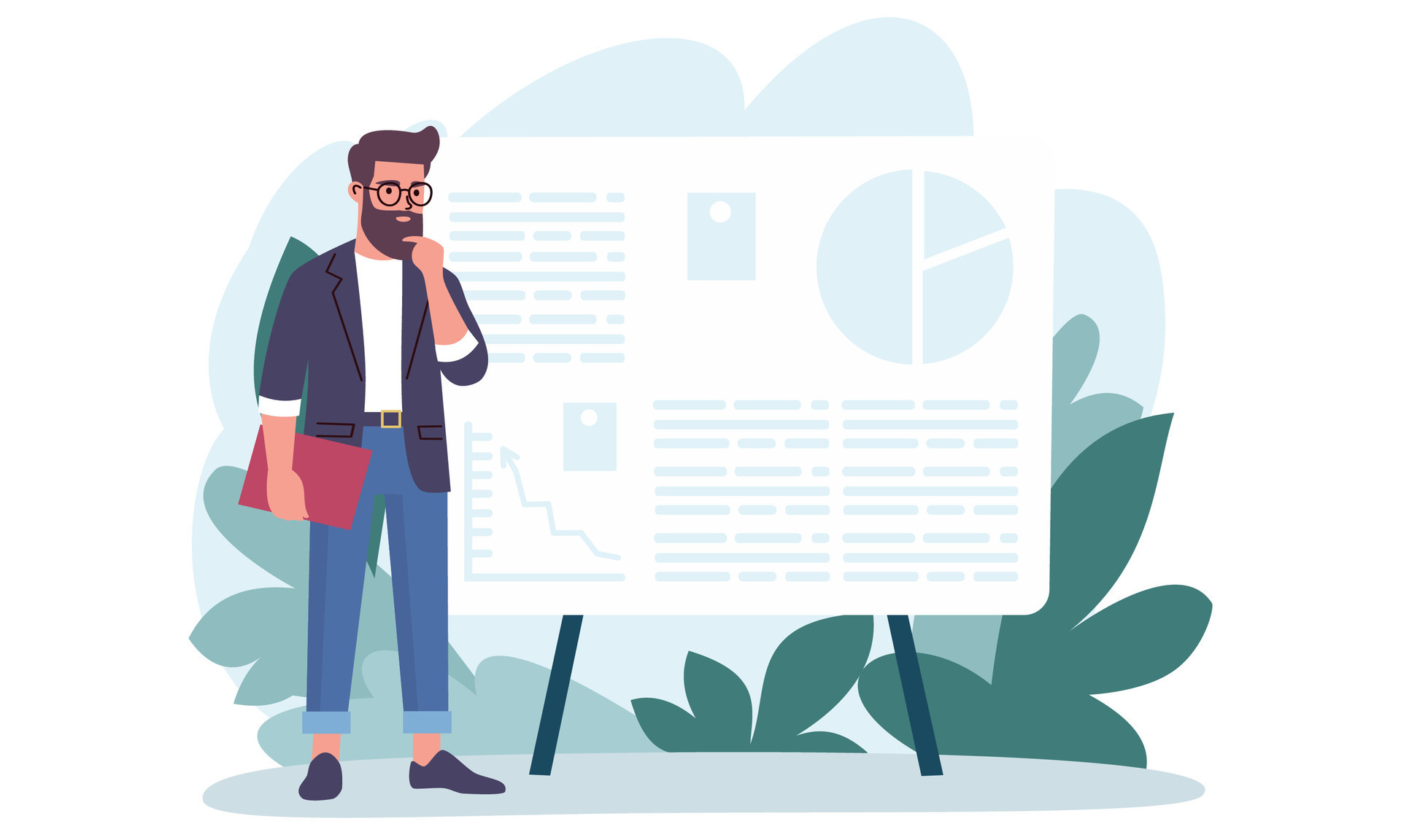 Flat illustration. Man standing next to banner and thinking, question ...