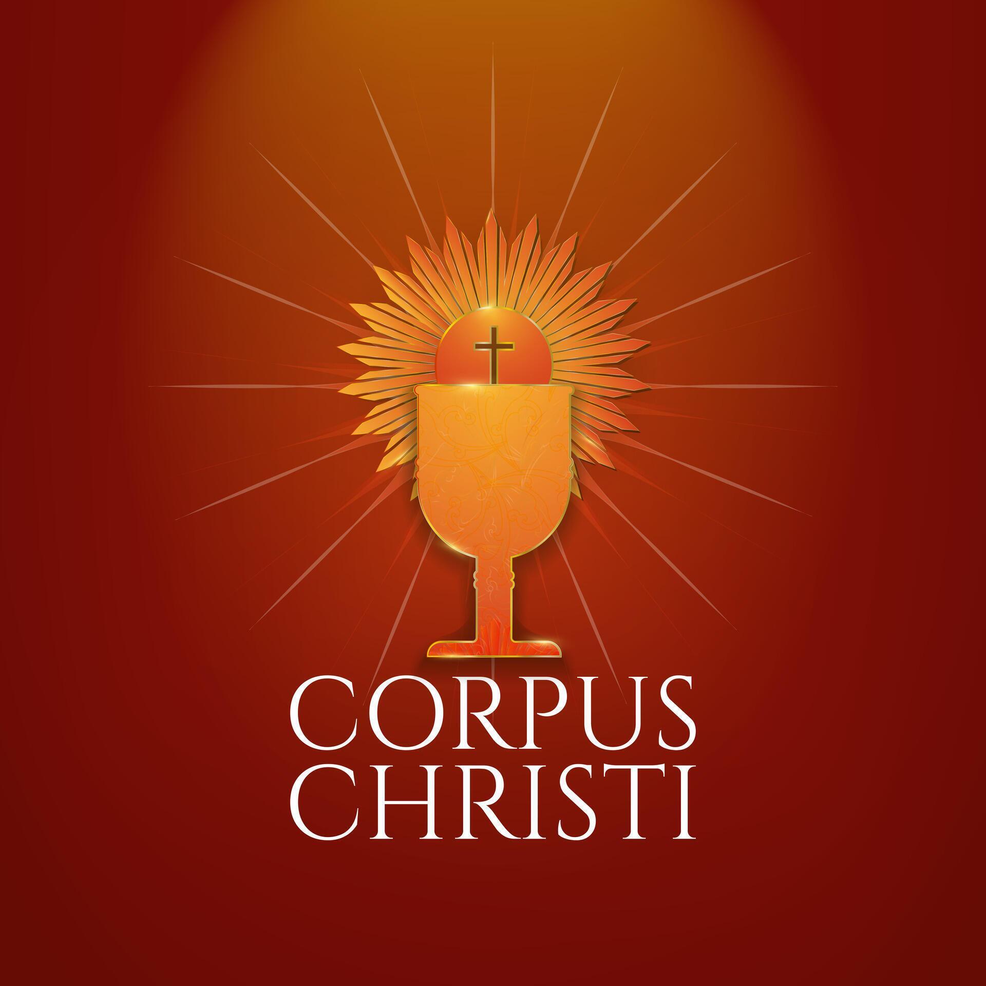 Feast of Corpus Christi Poster. Symbolic elements of the Eucharist in red and gold design, the ...