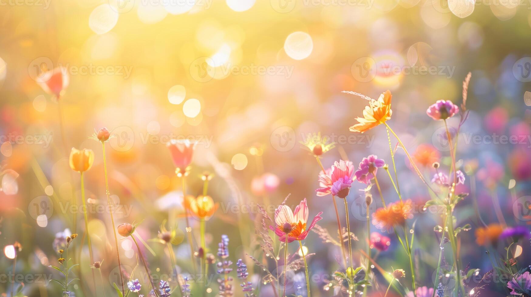 Colorful flower meadow with sunbeams and bokeh lights in summer - nature background banner with ...