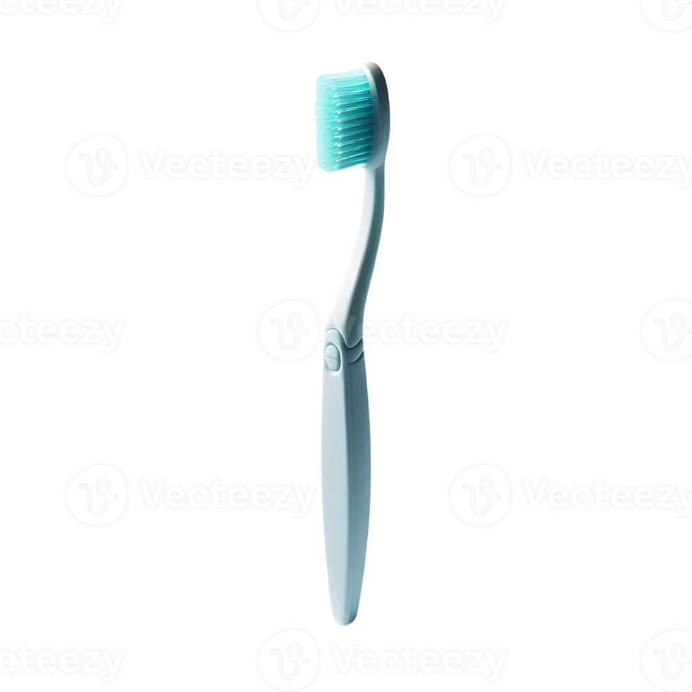 Mockup of a white plastic toothbrush with blue bristles. Side view ...