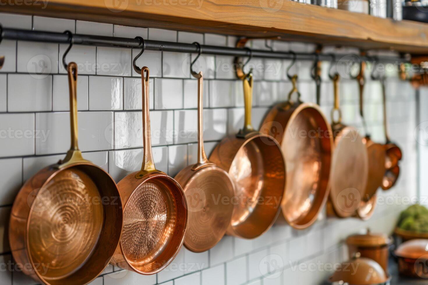 Copper Pans Hanging on a Modern Kitchen Rack 45702450 Stock Photo at Vecteezy