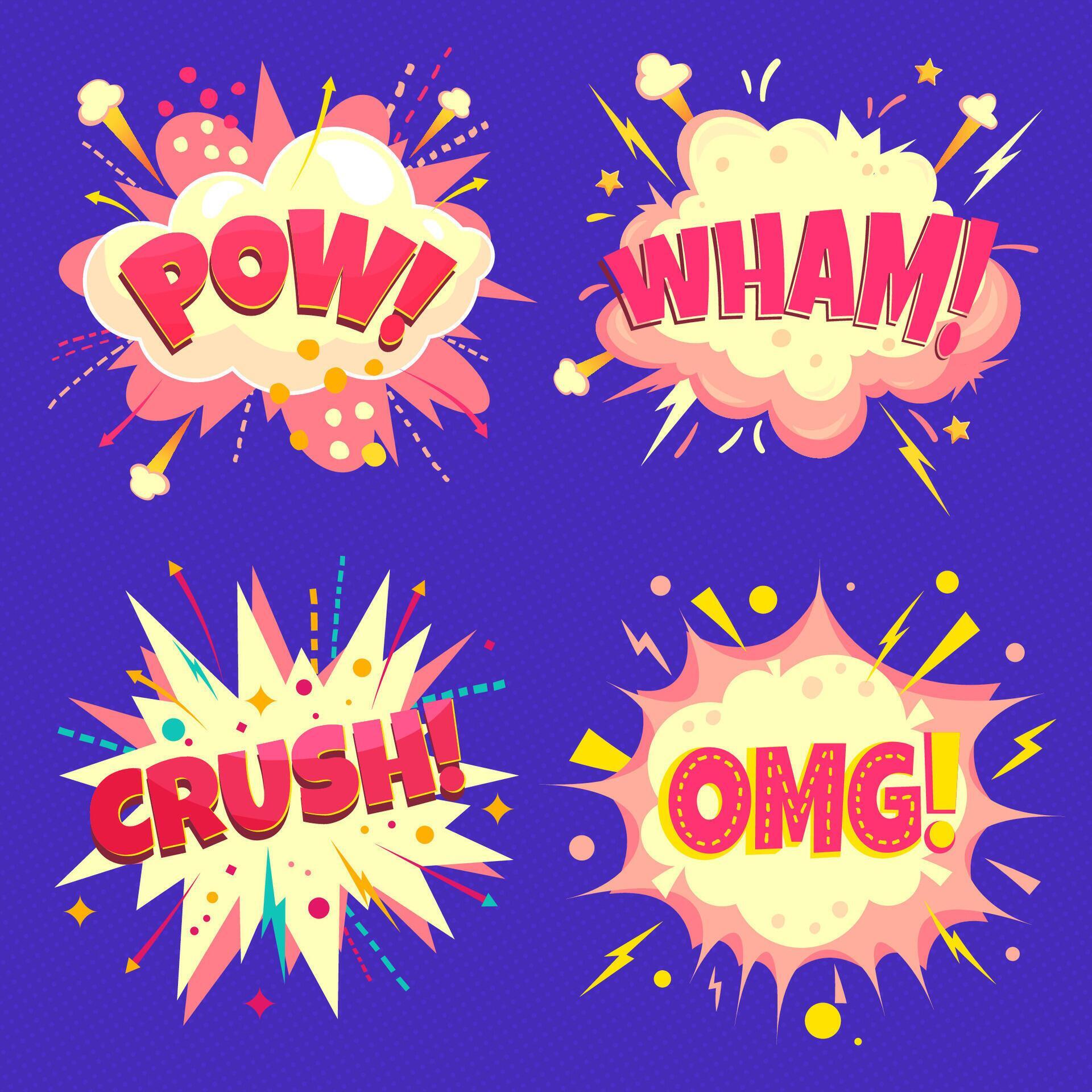 Set of speech bubbles - pow, poof, crush, yeah. Cartoon colorful explosions on halftone ...