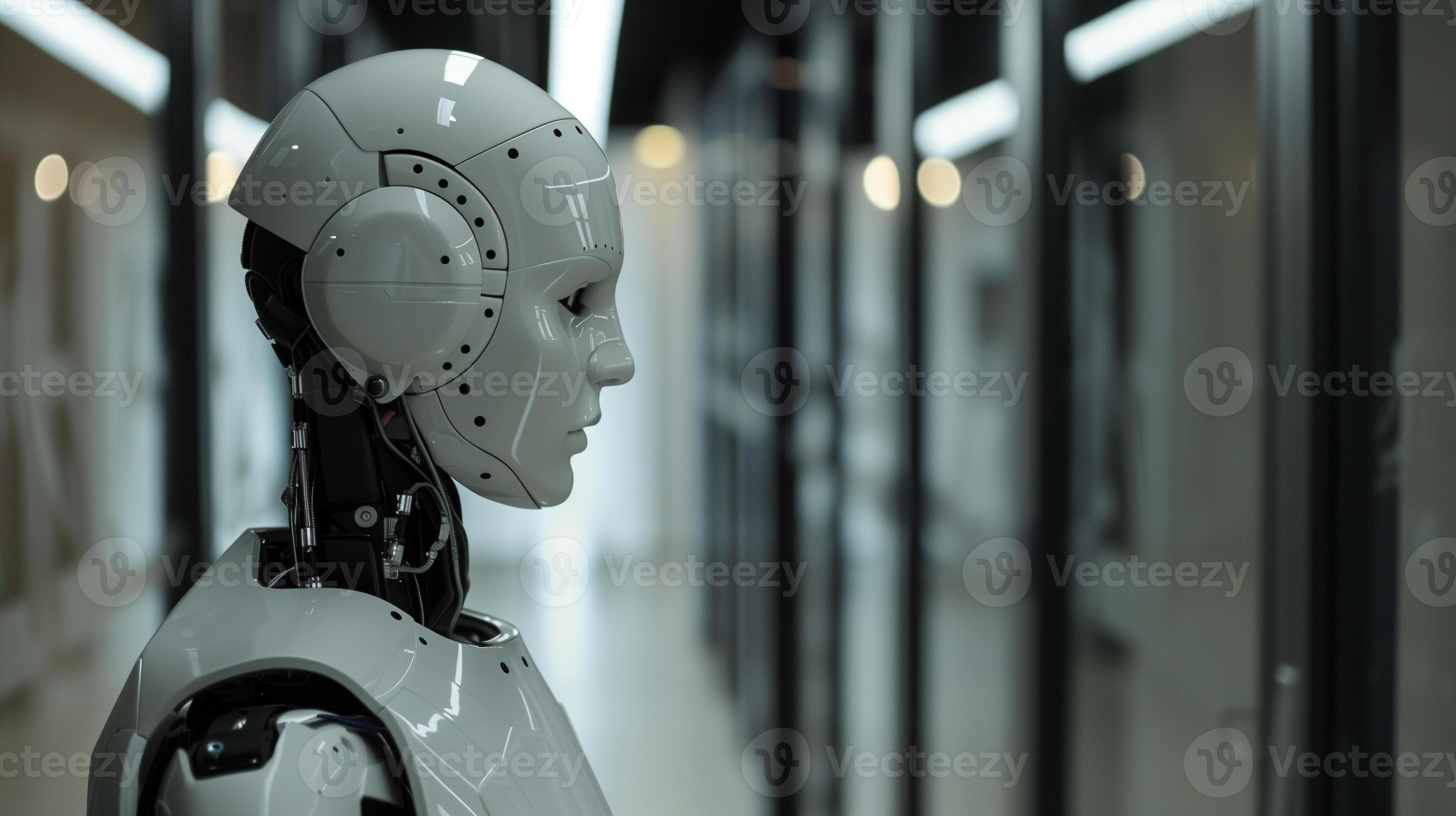 Advanced humanoid robot. Side view of an advanced humanoid robot with a sleek design in a modern ...