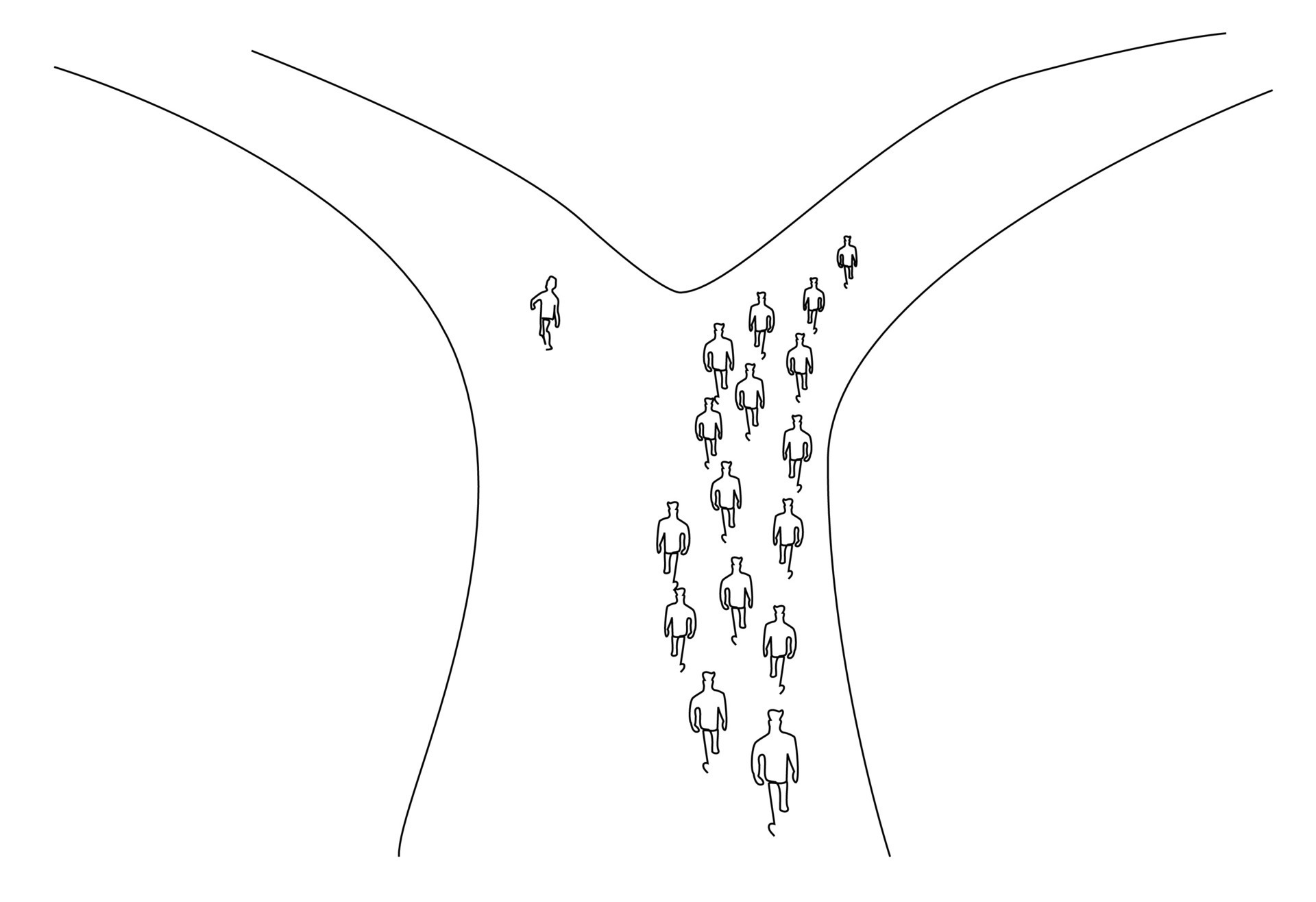 People are walking on the same crowded road. one person chooses a different path goes the other ...