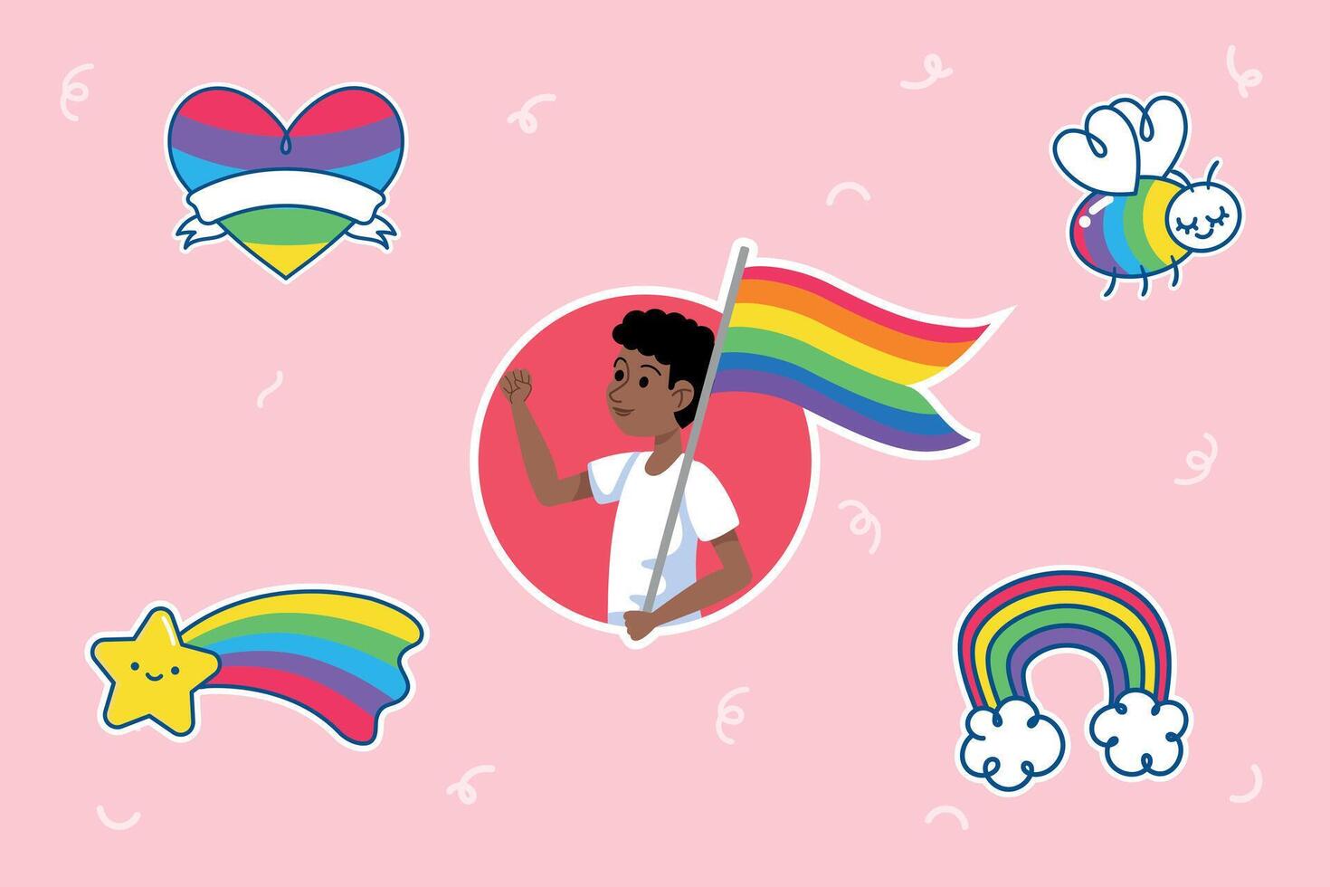 Pride Sticker Icons With Rainbow And Heart Designs And Person Holding A