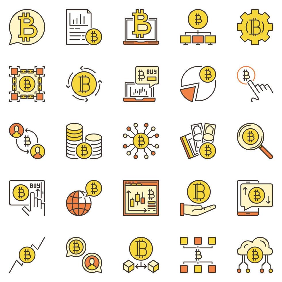 Bitcoin colored icons set. Decentralized Cryptocurrency and Blockchain ...