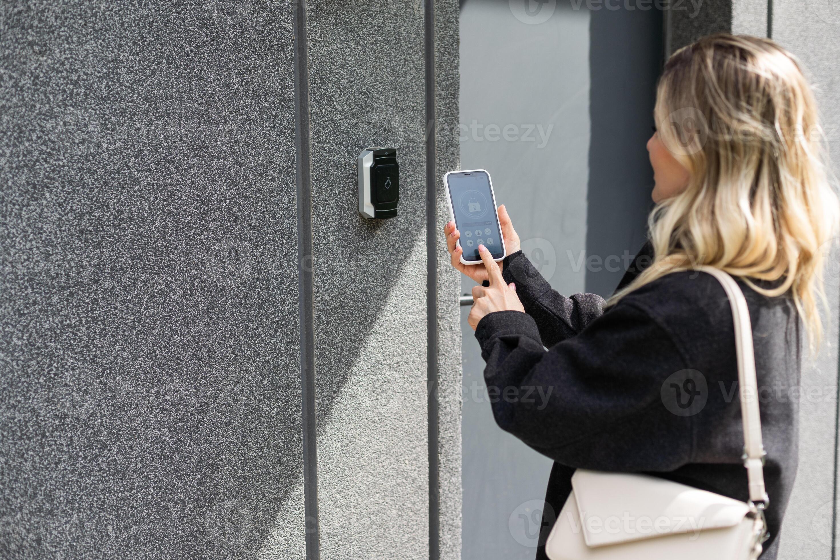 Female Entering Secret Key Code For Getting Access And Passing Building Using Application On