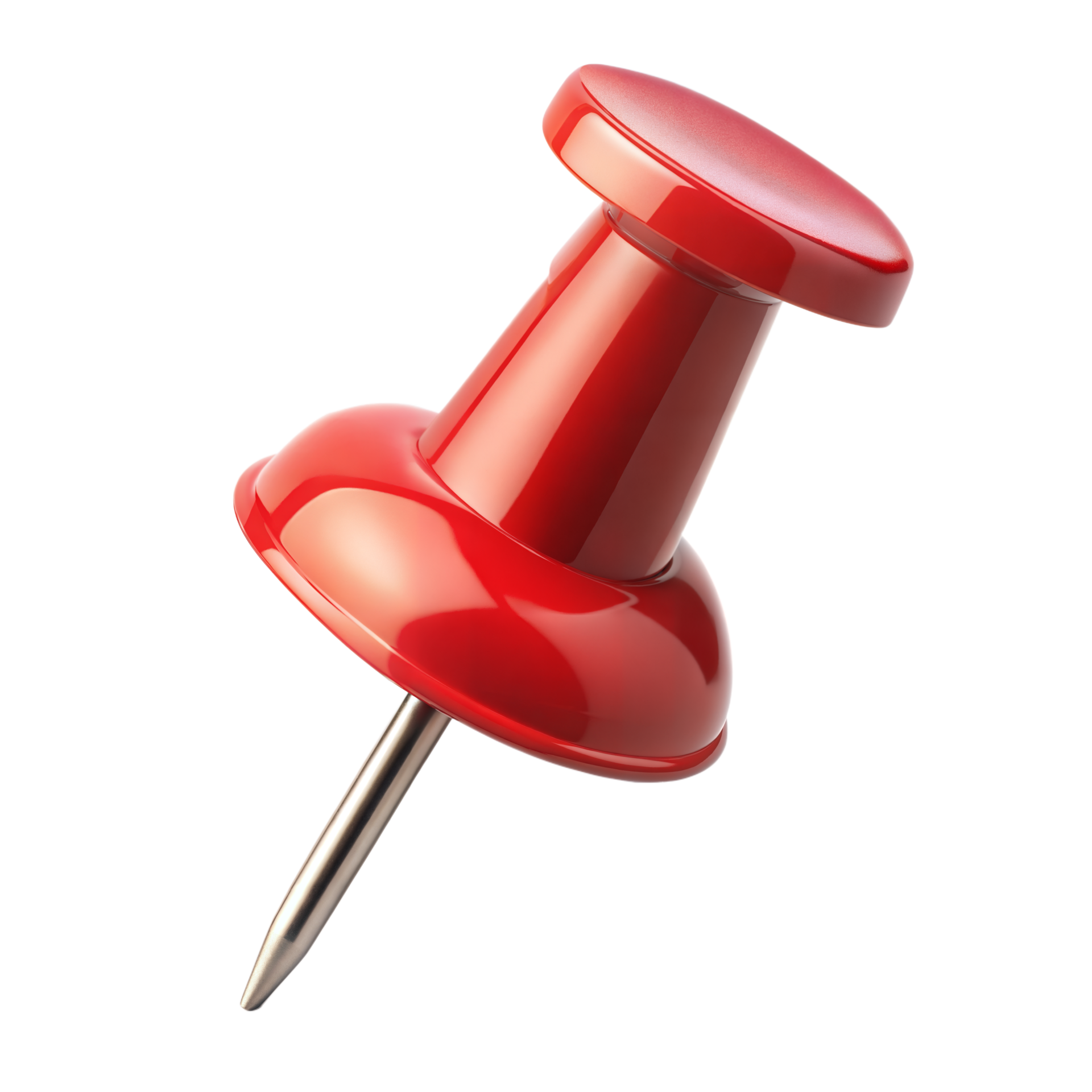A close-up of a single bright red push pin with a metallic needle, isolated on a transparent ...