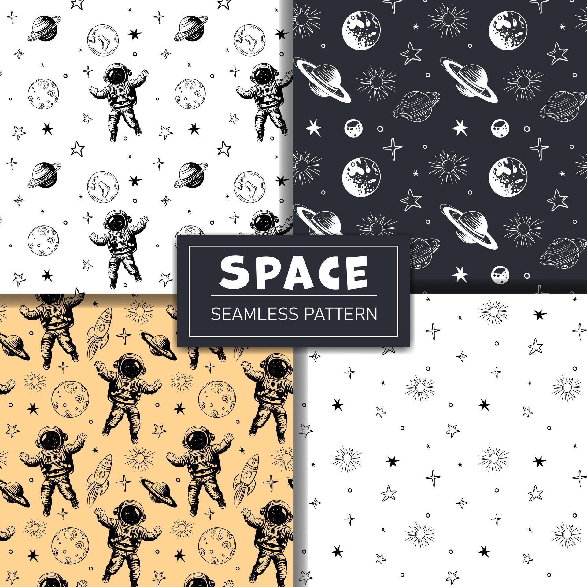 Set of monochrome space patterns. Seamless pattern with planets ...
