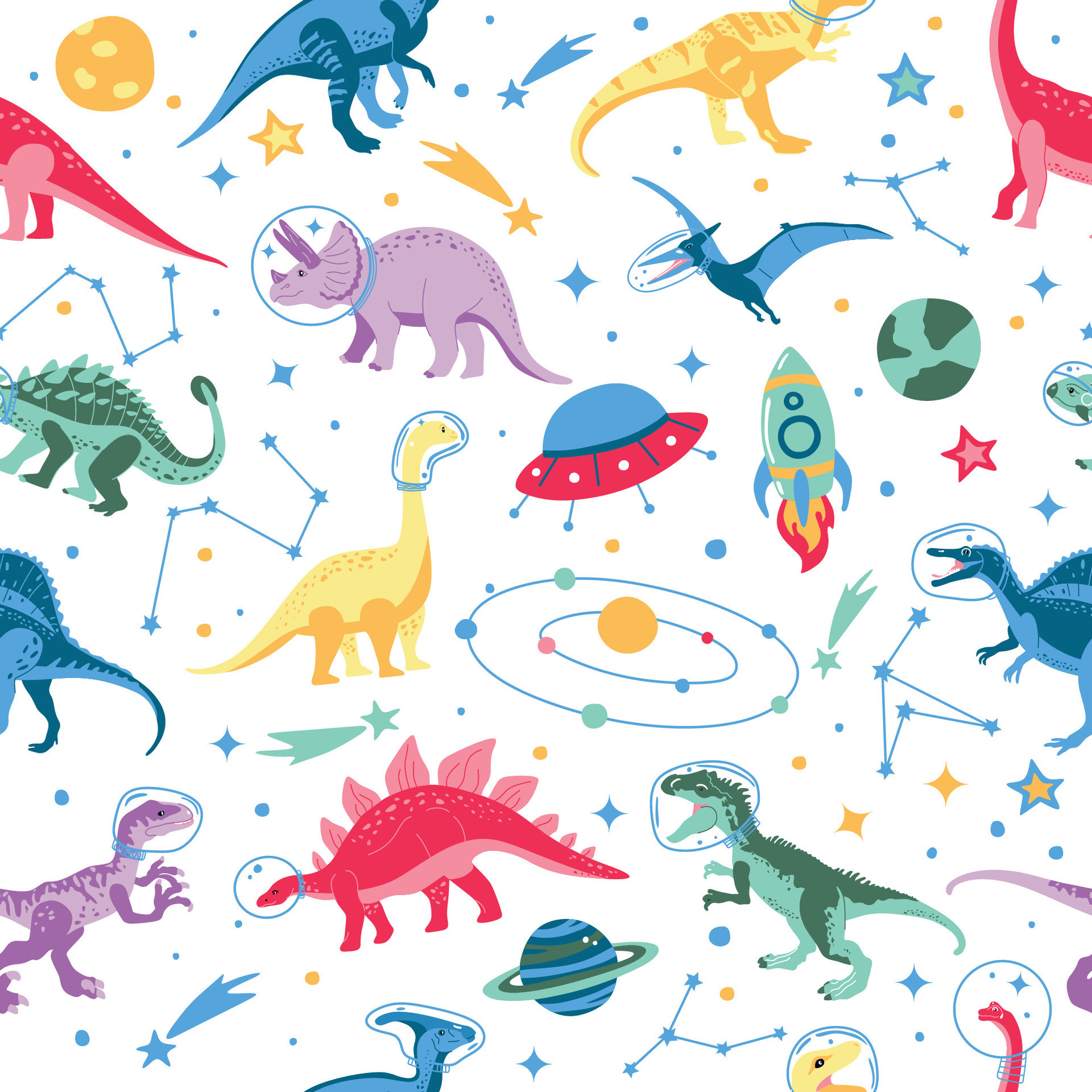 Astronaut dinosaur character design. Cute space seamless pattern ...