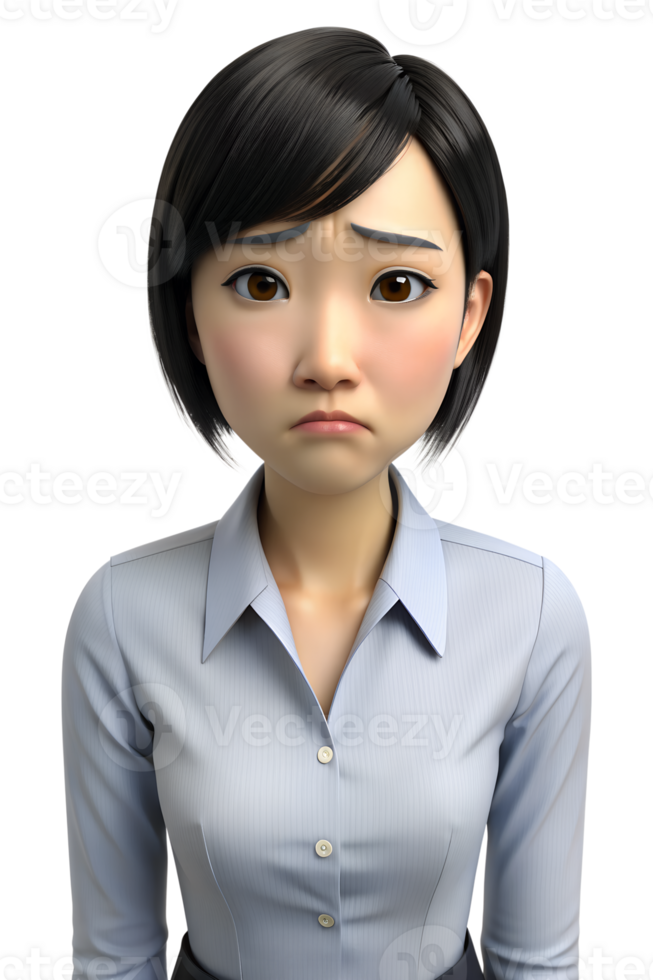 3d Cartoon Style Illustration Of A Young Woman In An Office Uniform With Black Hair Is Looking