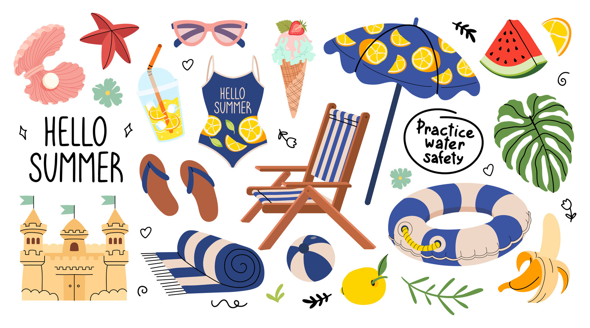 Cute Summer Stickers Set. Tropical vacation. Hello summer and water ...