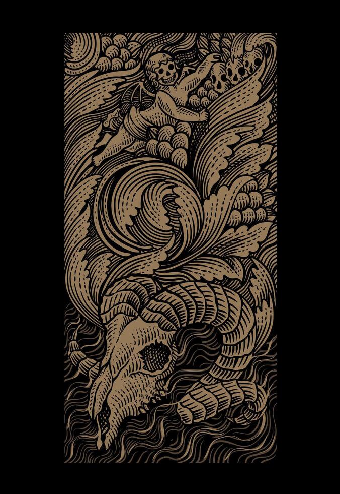 Gothic Illustration Goat Skull With Demon And Angel Engraving Ornament Hand Drawn Eps 10