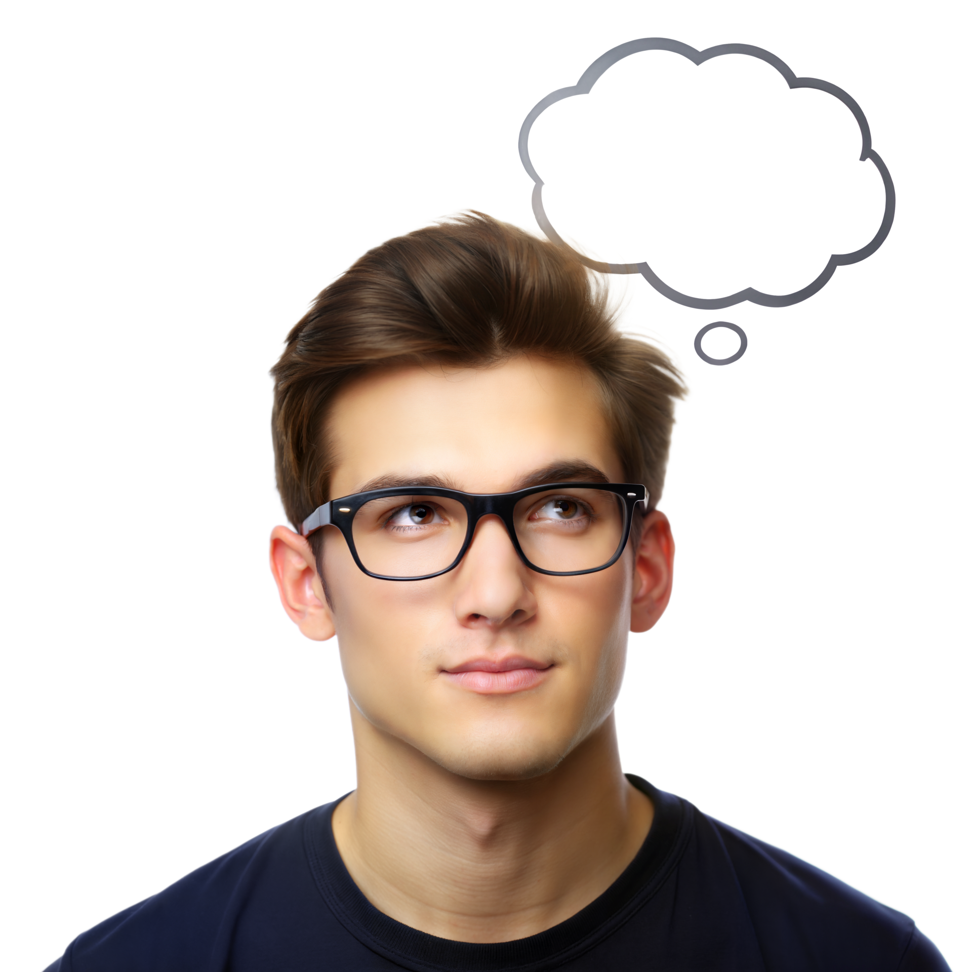 A Pensive Young Man Wearing Glasses Looking Up At A Thought Bubble